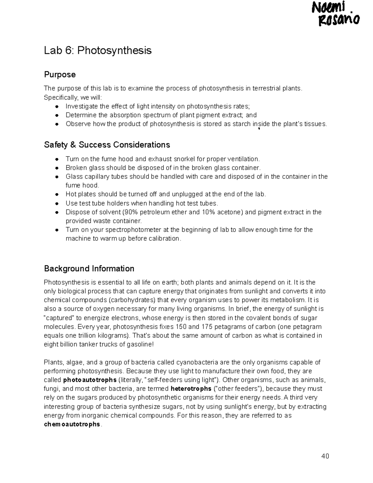 Lab 6 - Lab 6 answers for Dale McGabe - Lab 6: Photosynthesis Purpose ...