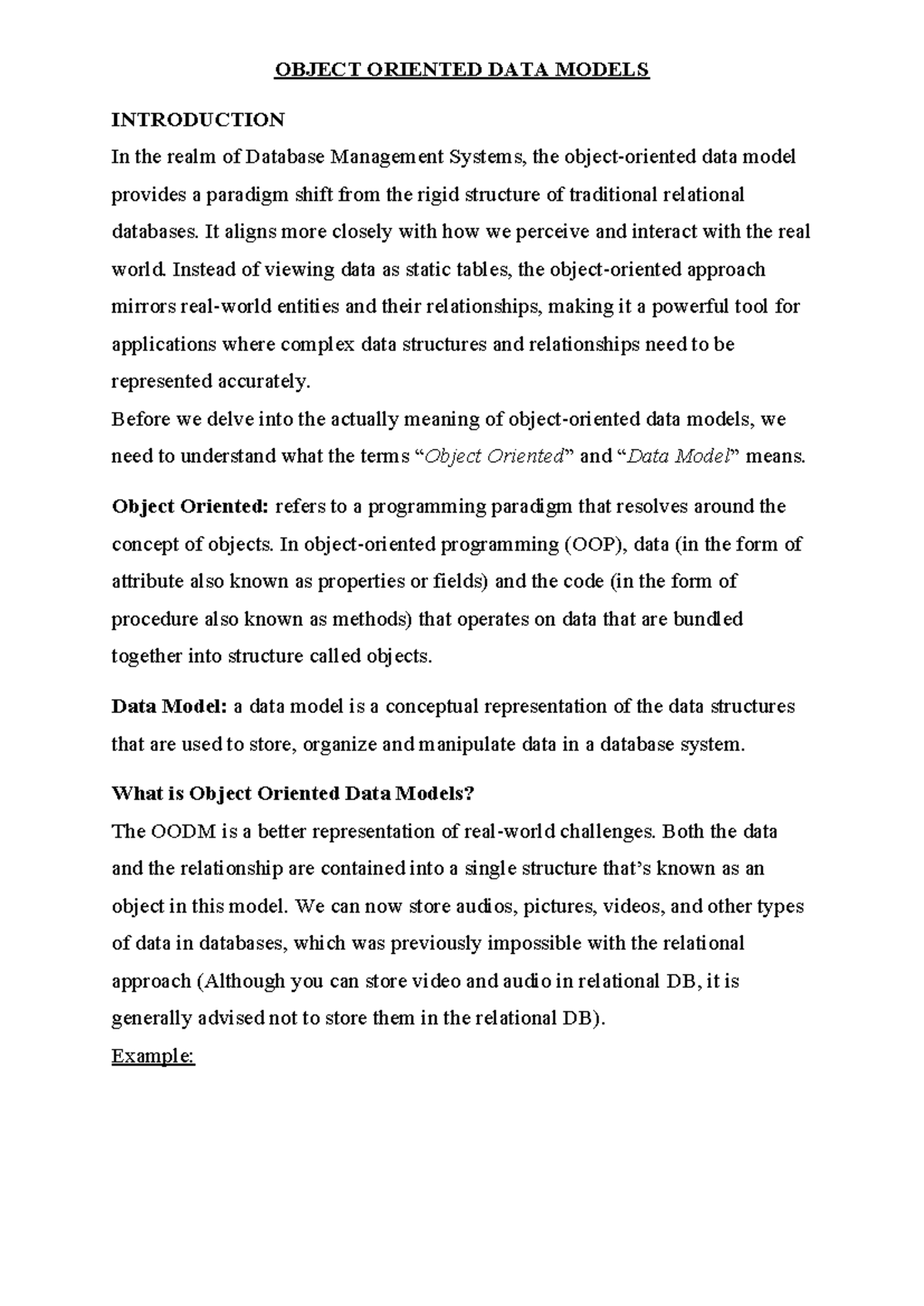 DBMS Assignment - OBJECT ORIENTED DATA MODELS INTRODUCTION In the realm of Database Management ...