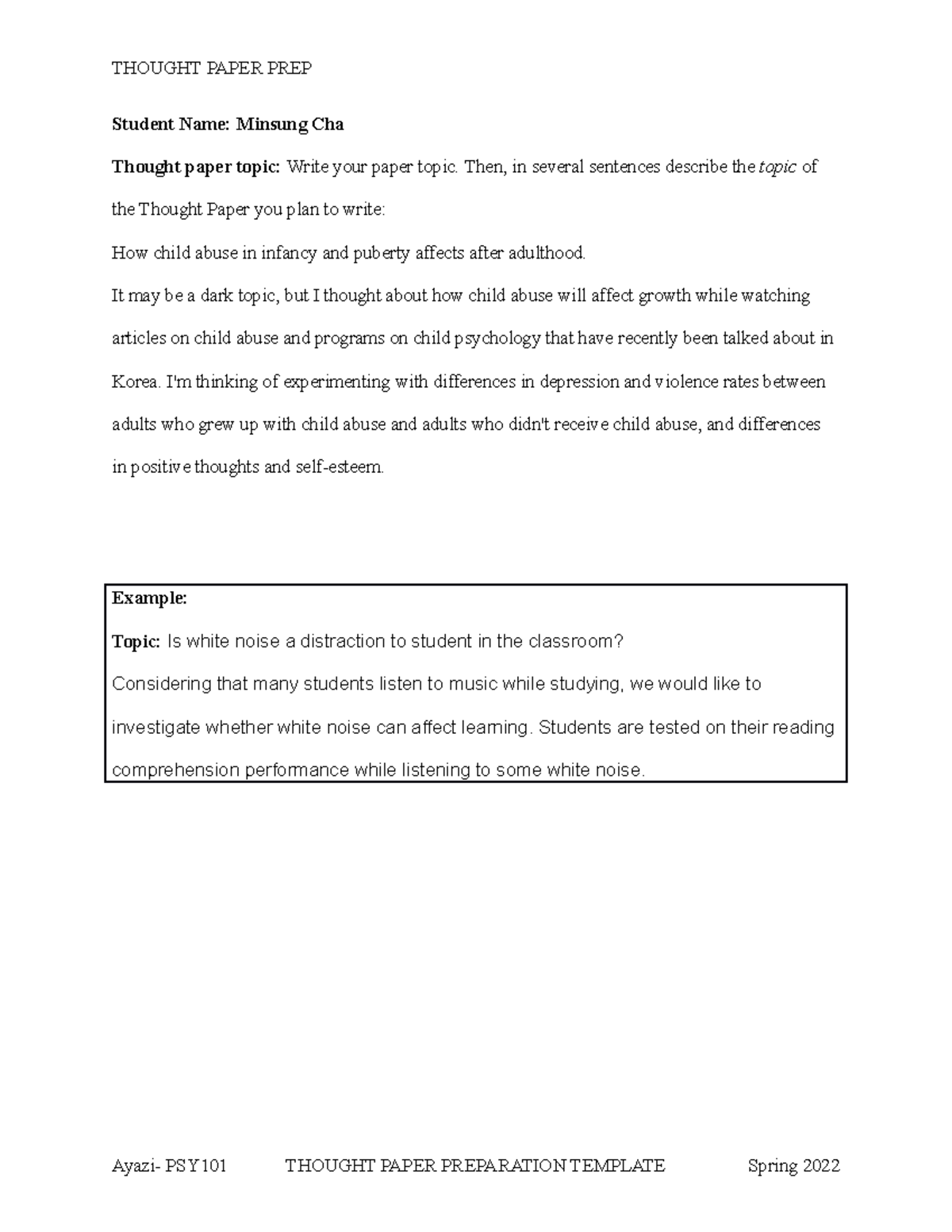 PSY101 -Thought Paper Preparation Template - Student Name: Minsung Cha ...