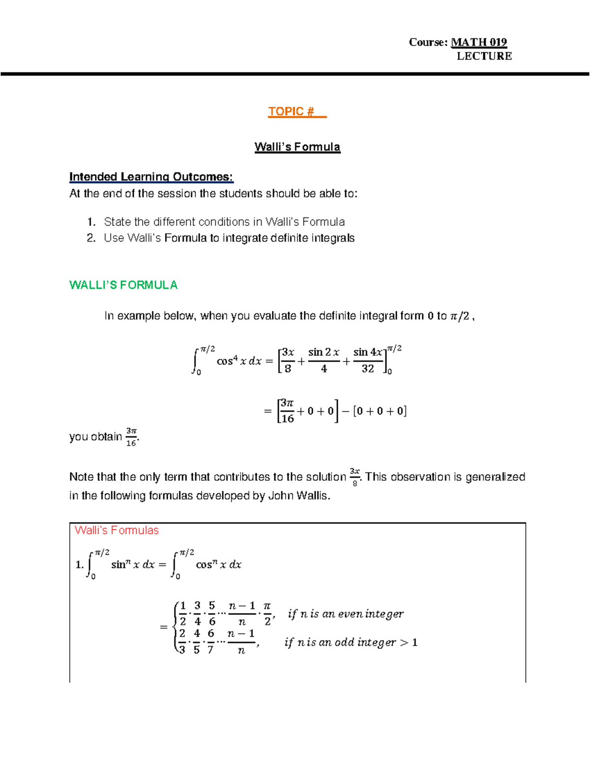 Wallis's Formula - Calculus 2 - TIP - Studocu