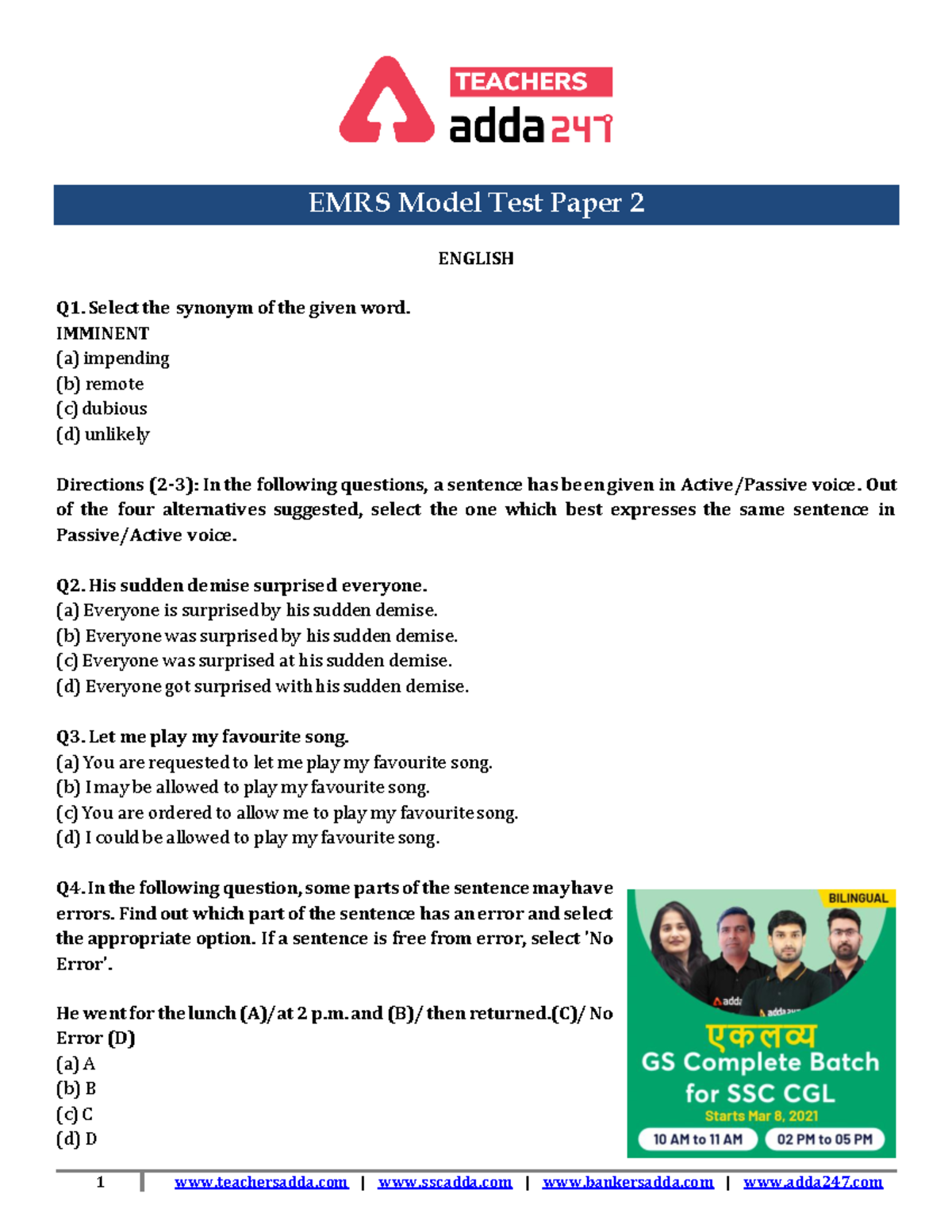 EMRS Model Test Paper 2 English - EMRS Model Test Paper 2 ENGLISH Q1 ...