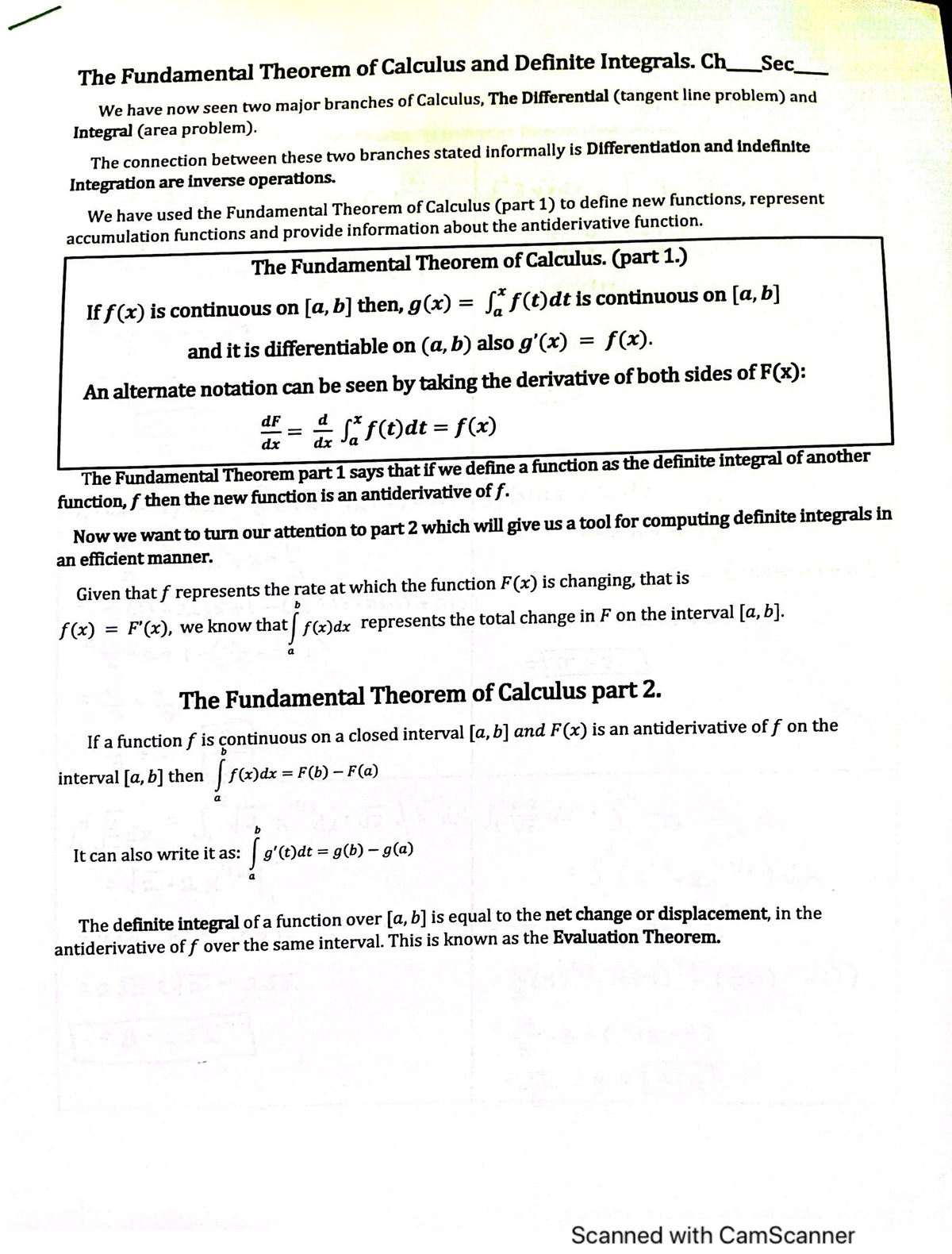 Fundamentals theorem of cal and definite - MATH 150 - Studocu