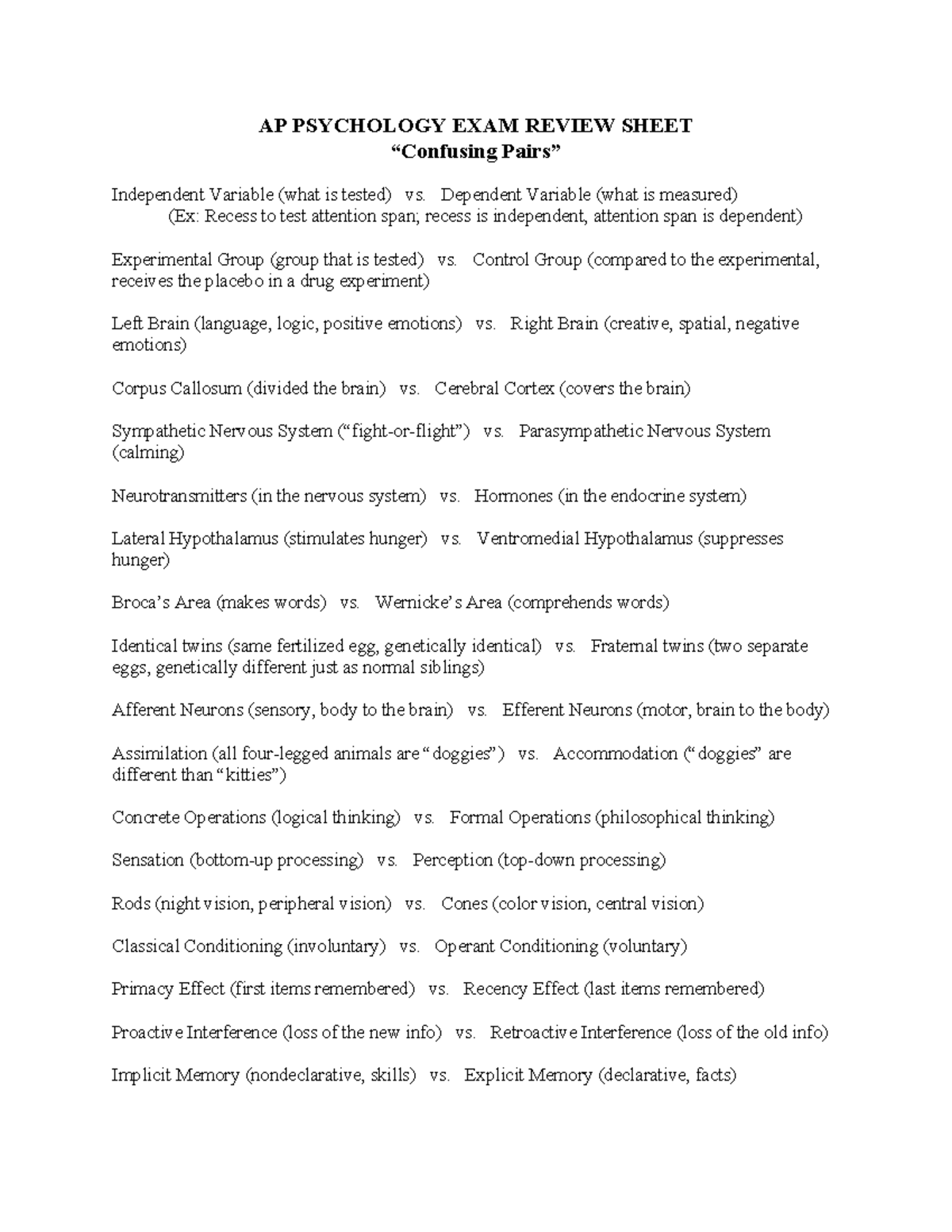 Ap confusing pairs - AP PSYCHOLOGY EXAM REVIEW SHEET “Confusing Pairs ...