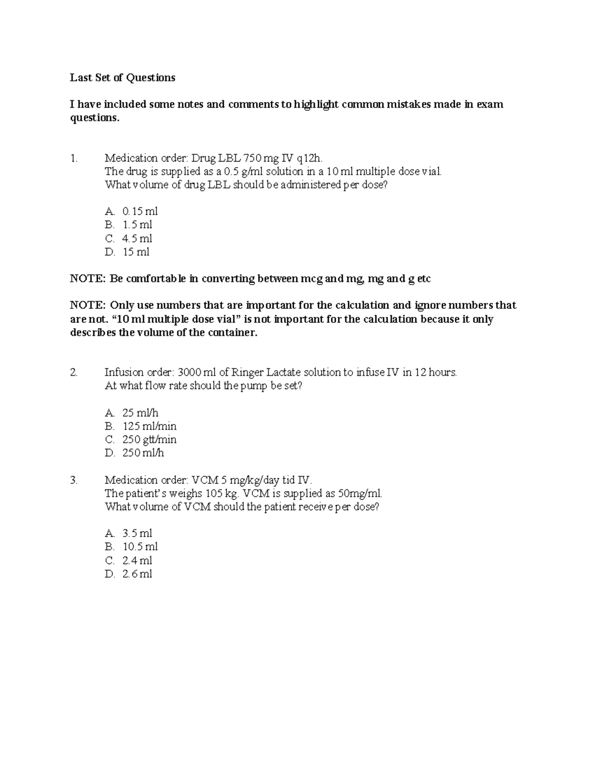 Calculations Last Sample Questions - Last Set of Questions I have ...