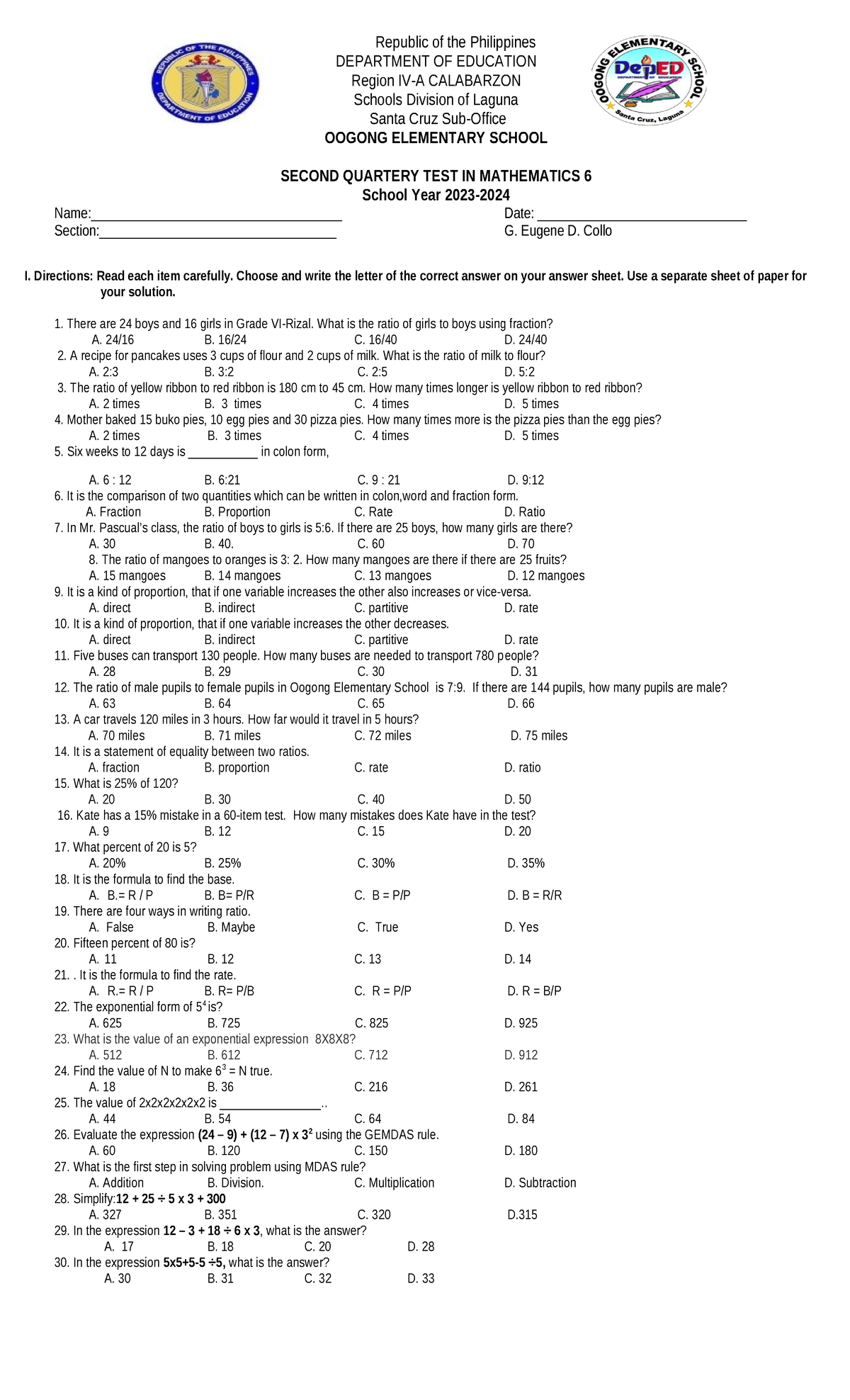 2nd periodical test 20232024 - Republic of the Philippines DEPARTMENT ...