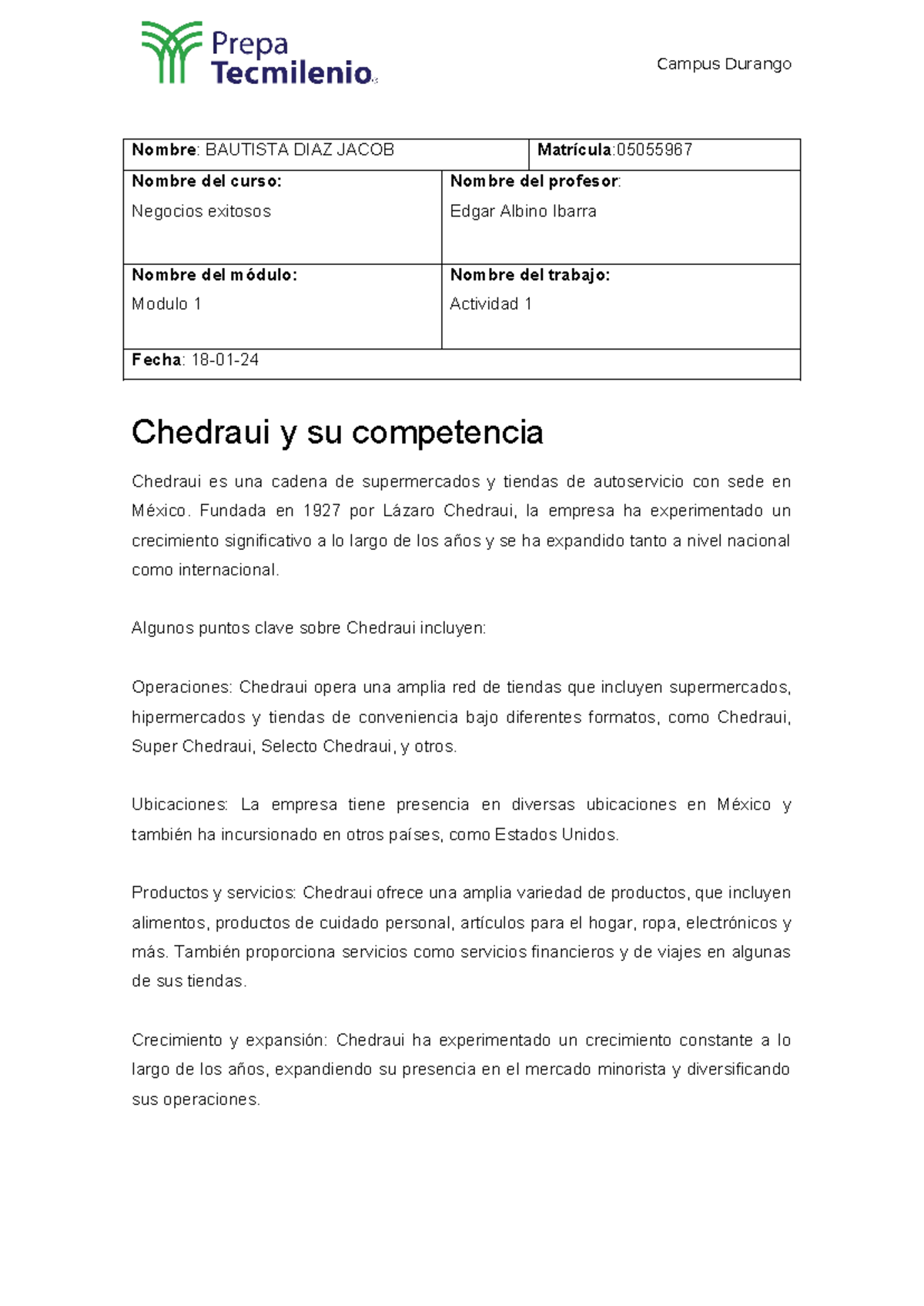 Actividad 1 negocios - fk fkfkf - Nombre: BAUTISTA DIAZ JACOB Matrícula ...