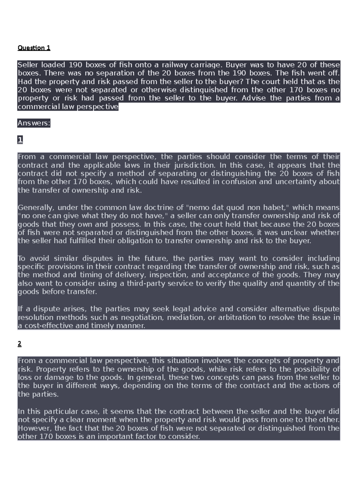 Commercial Law Assignment contribution - Question 1 Seller loaded 190 ...