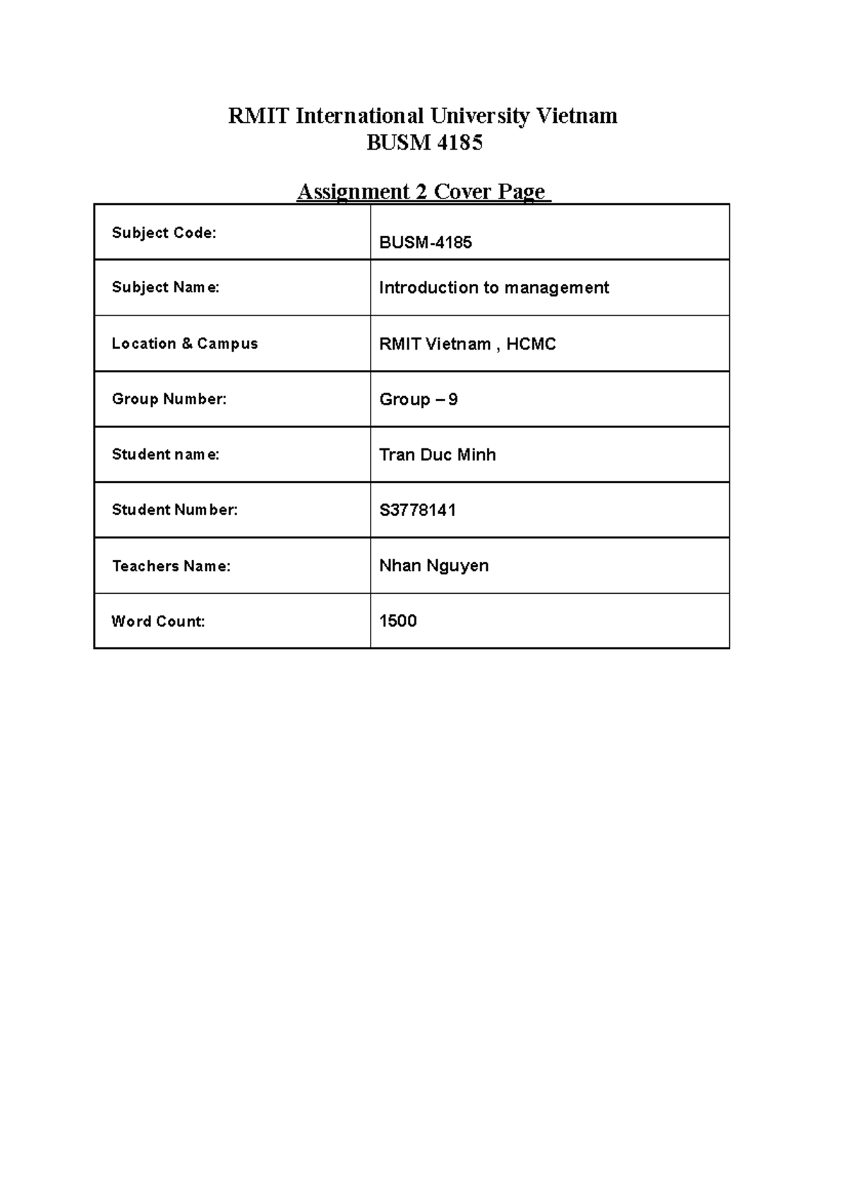 Assignment 2 Individual Analysis - Introduction to Management - RMIT ...