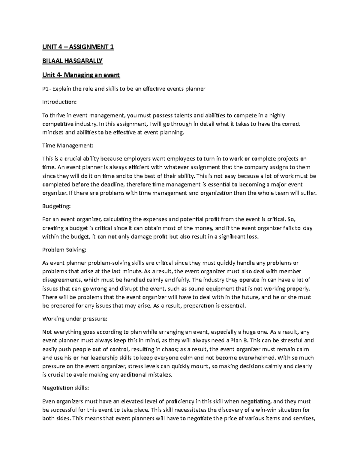 LMA - business - UNIT 4 – ASSIGNMENT 1 BILAAL HASGARALLY Unit 4- Managing an event P1- Explain ...