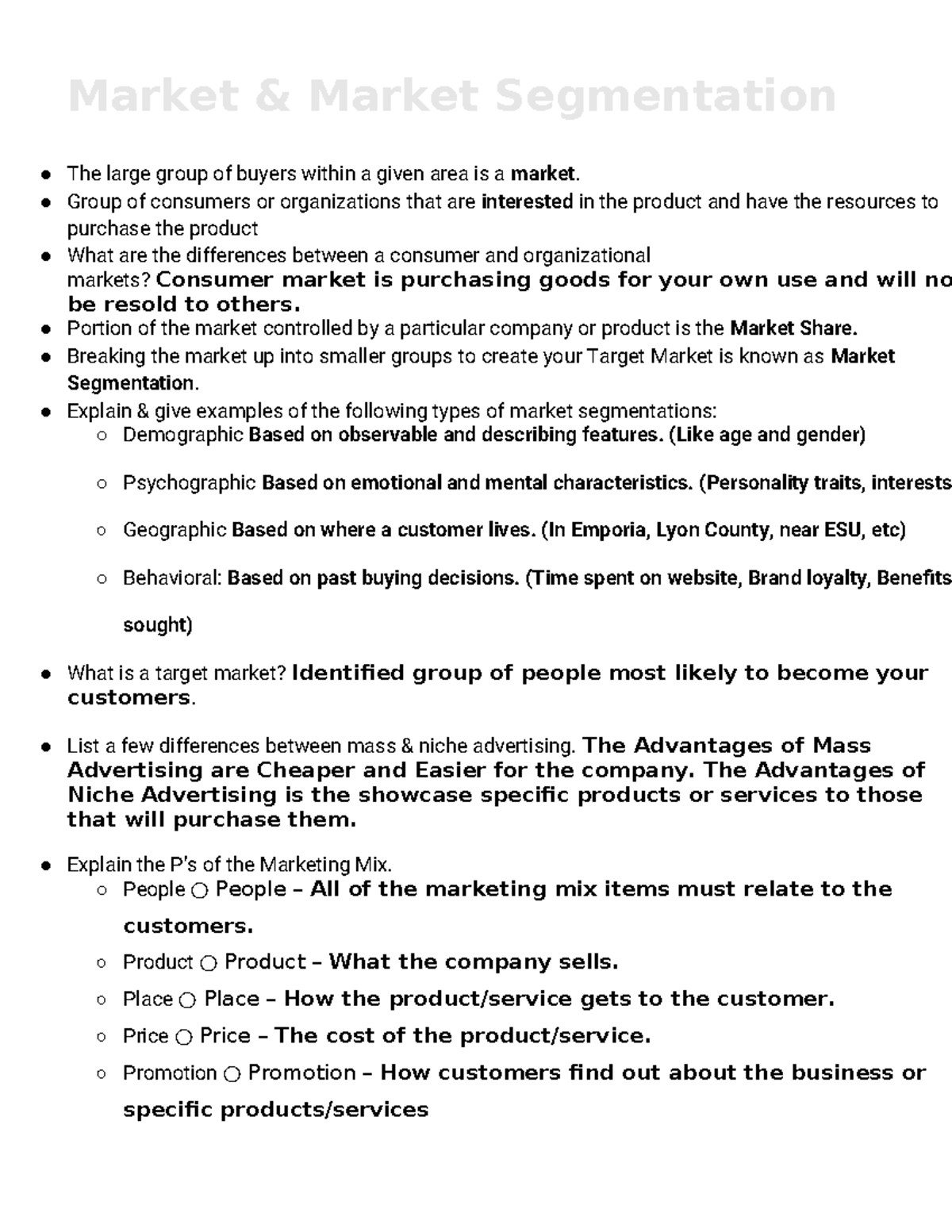 Market Segmentation Done - Market & Market Segmentation Notes The large ...