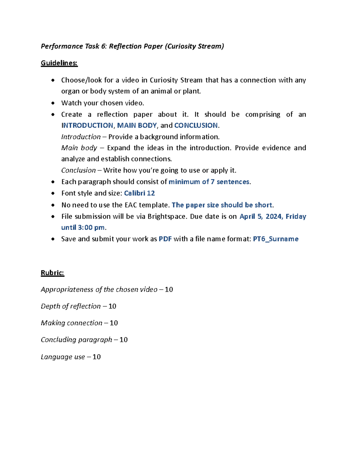 Performance Task 6-Guidelines - Performance Task 6: Reflection Paper (Curiosity Stream ...