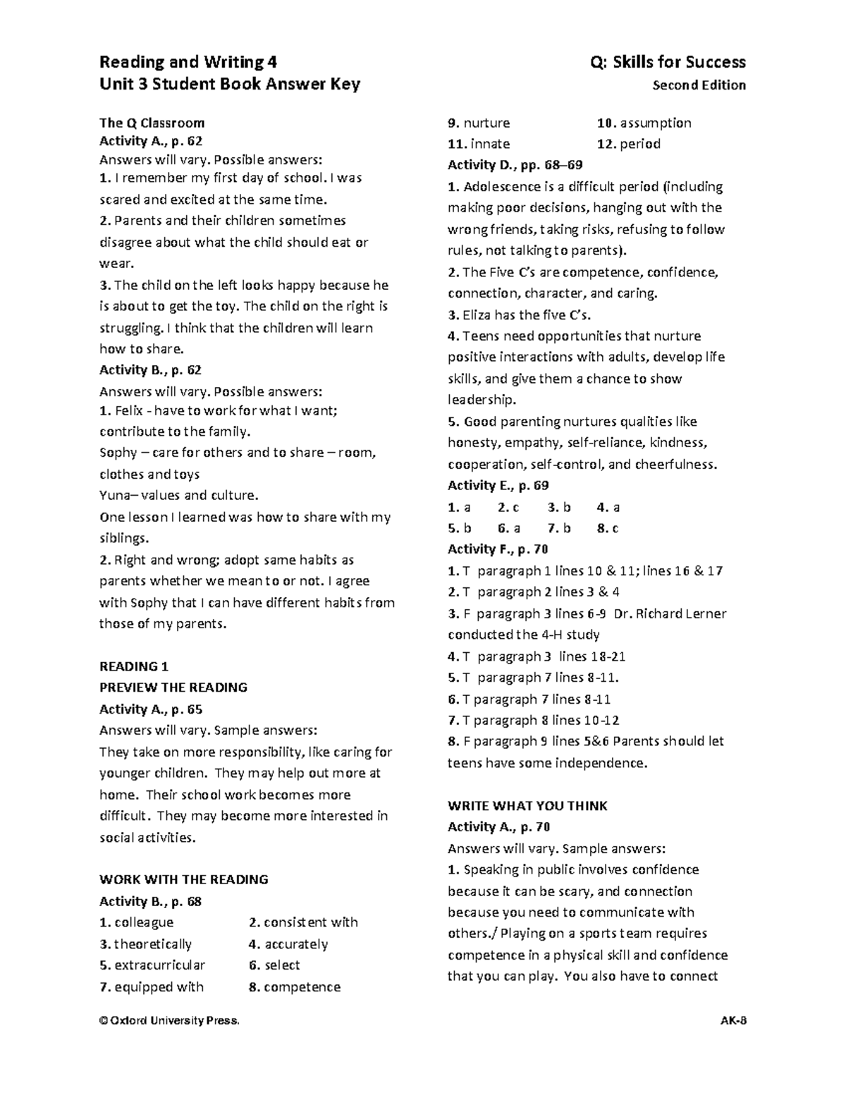 Q2e rw4 u03 answerkey - Unit 3 Student Book Answer Key Second Edition The Q Classroom Activity A ...