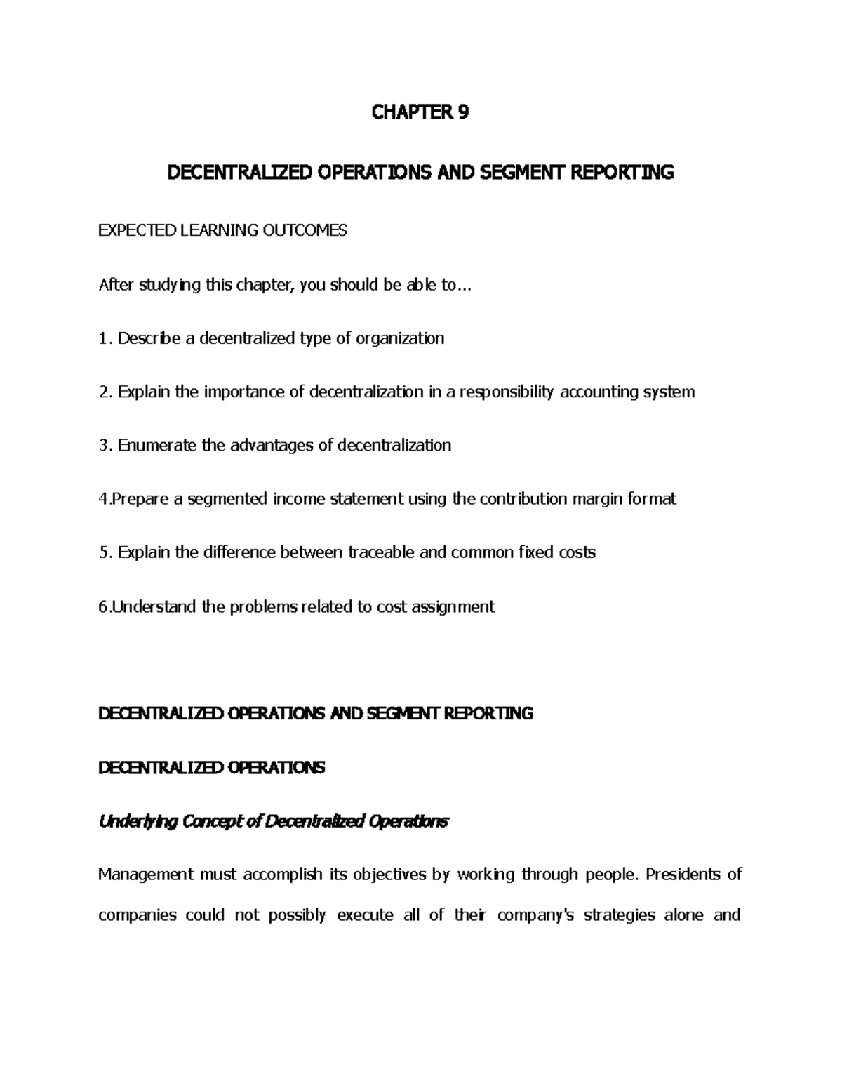 Chapter 9 - Decentralized Operations AND Segment Reporting - CHAPTER 9 ...