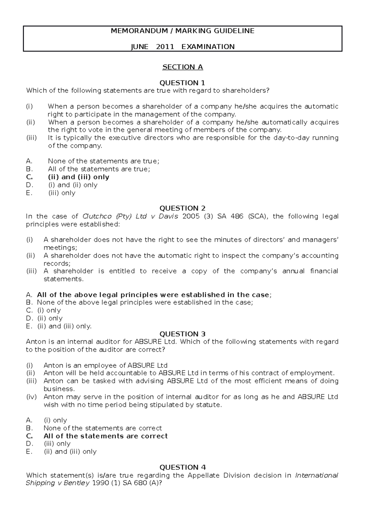 JHM Questions 2011 to 2013 - MEMORANDUM / MARKING GUIDELINE JUNE 2011 ...