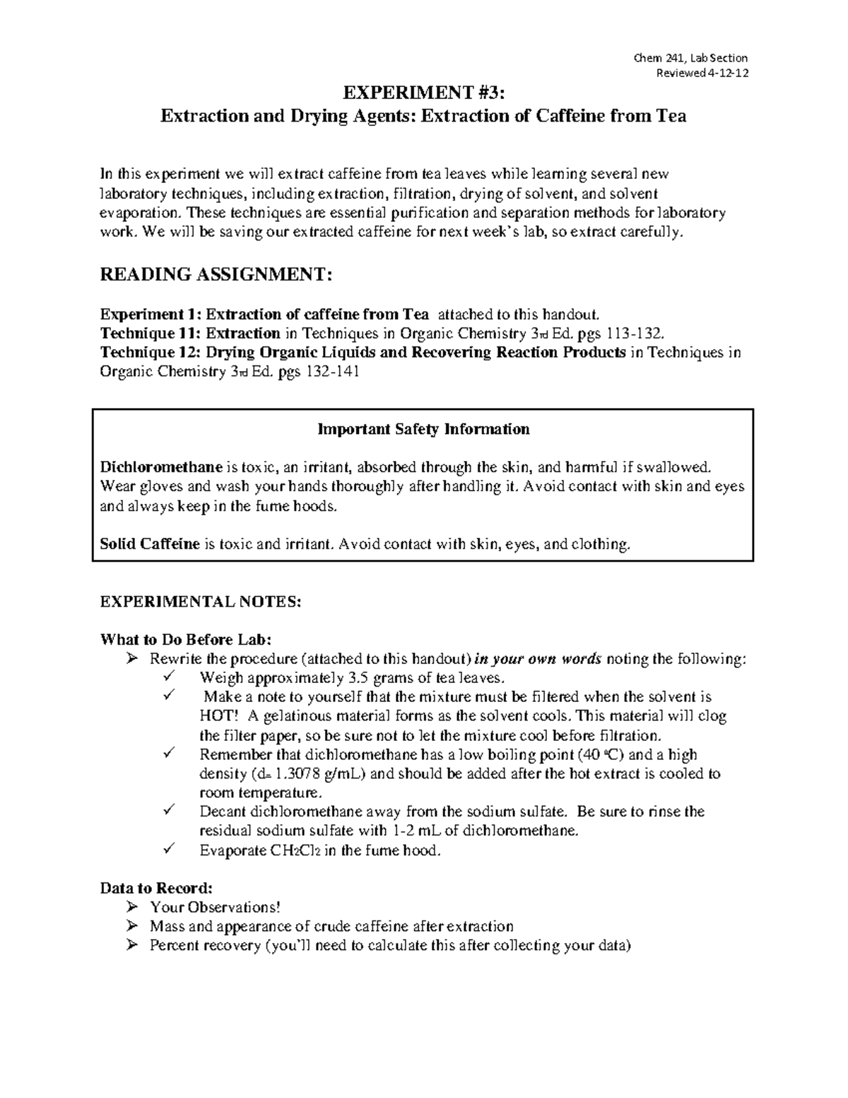 Experiment 3 Extraction Of Caffeine Reviewed 4 12 Experiment 3 Extraction And Drying Agents