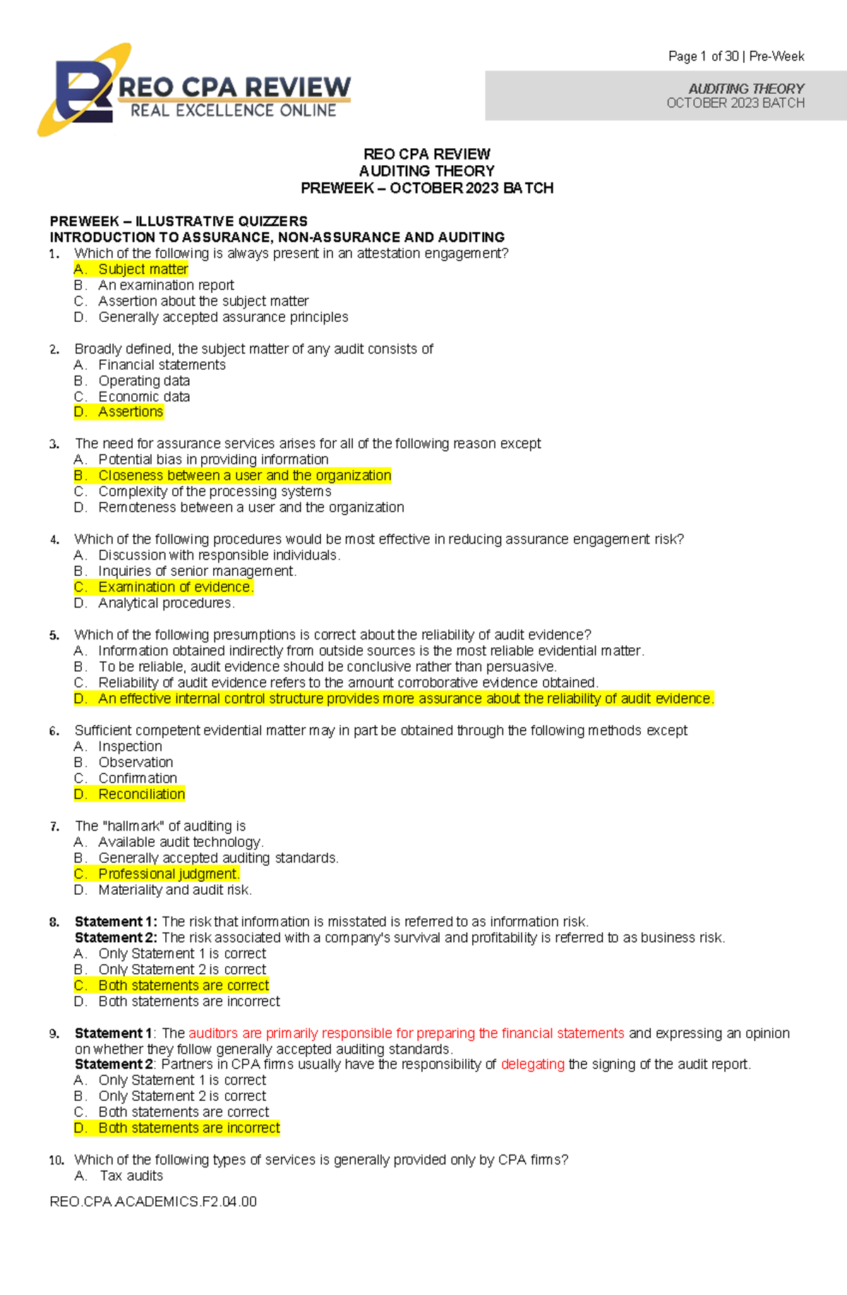 AT Preweek with answers OCT 2023 - Page 1 of 30 | Pre-Week AUDITING ...