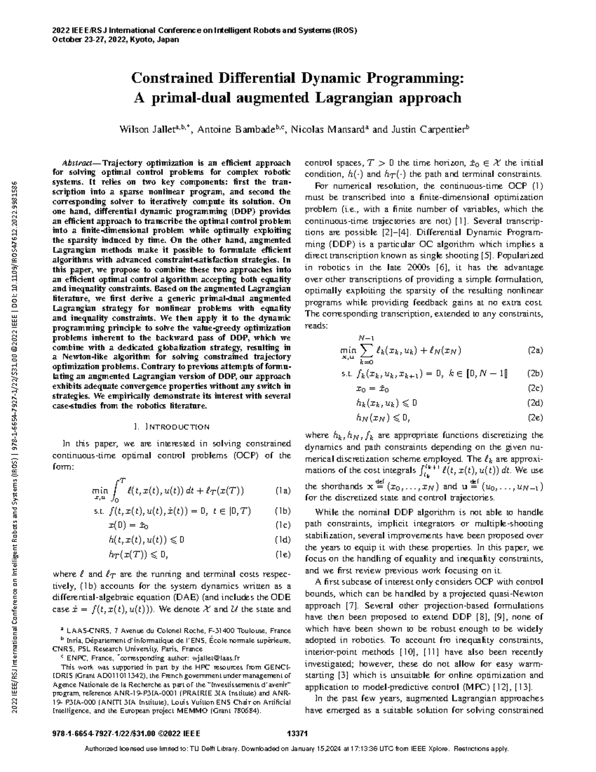 Constrained Differential Dynamic Programming A primal-dual augmented Lagrangian approach ...