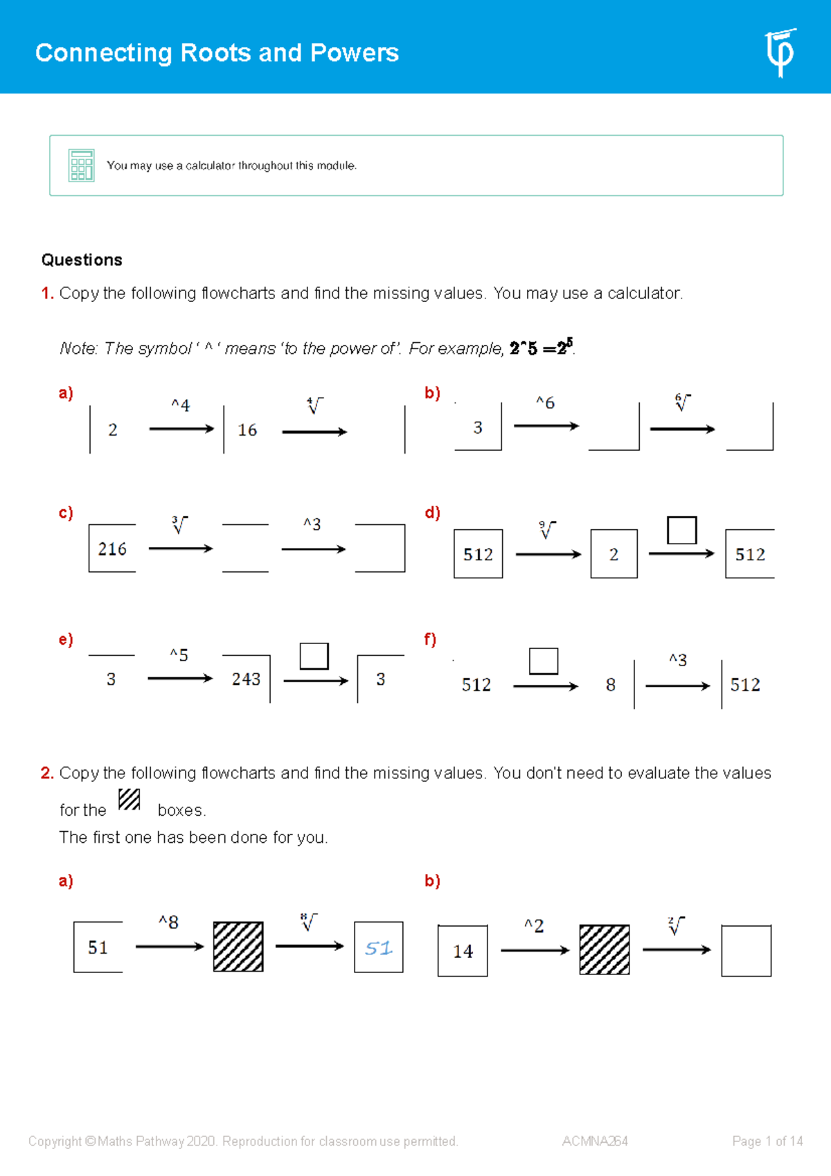 Connecting Root and Powers - Questions 1. Copy the following flowcharts ...