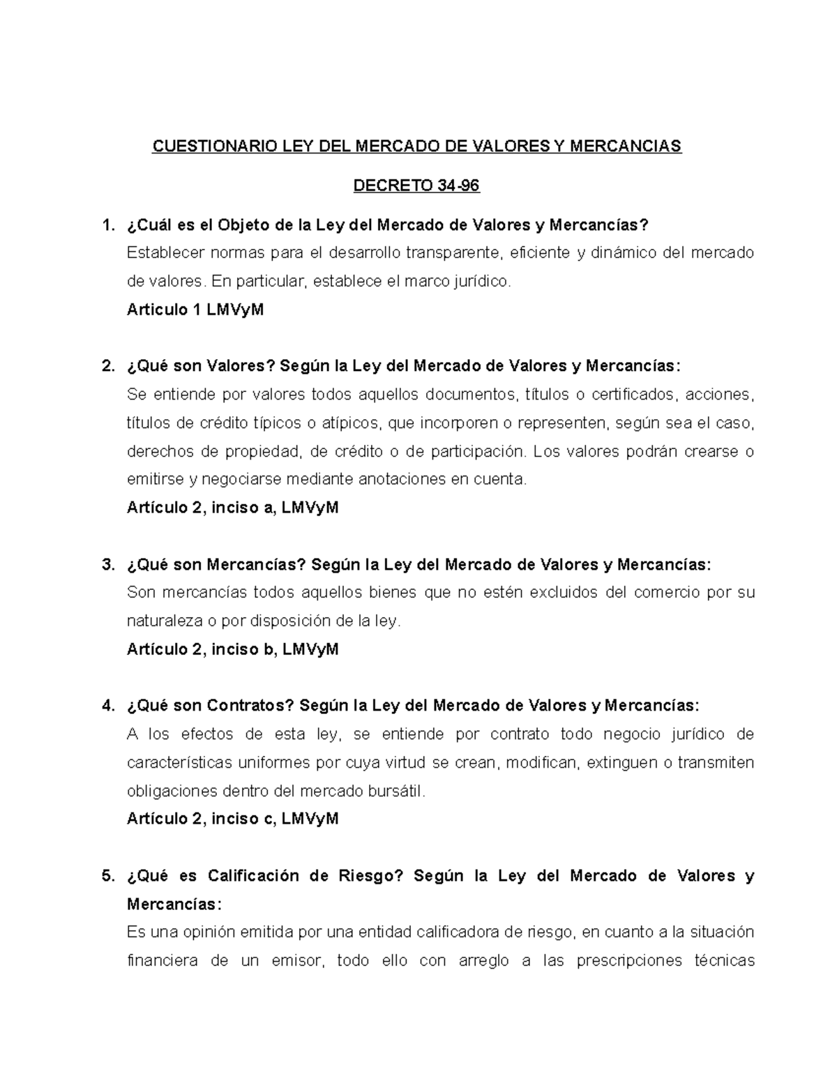 Cuestionario LMVy M - CUESTIONARIO LEY DEL MERCADO DE VALORES Y ...