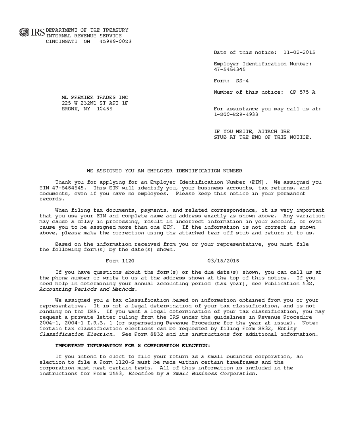 Ml premier trades EIN - materia - DEPARTMENT OF THE TREASURY INTERNAL ...