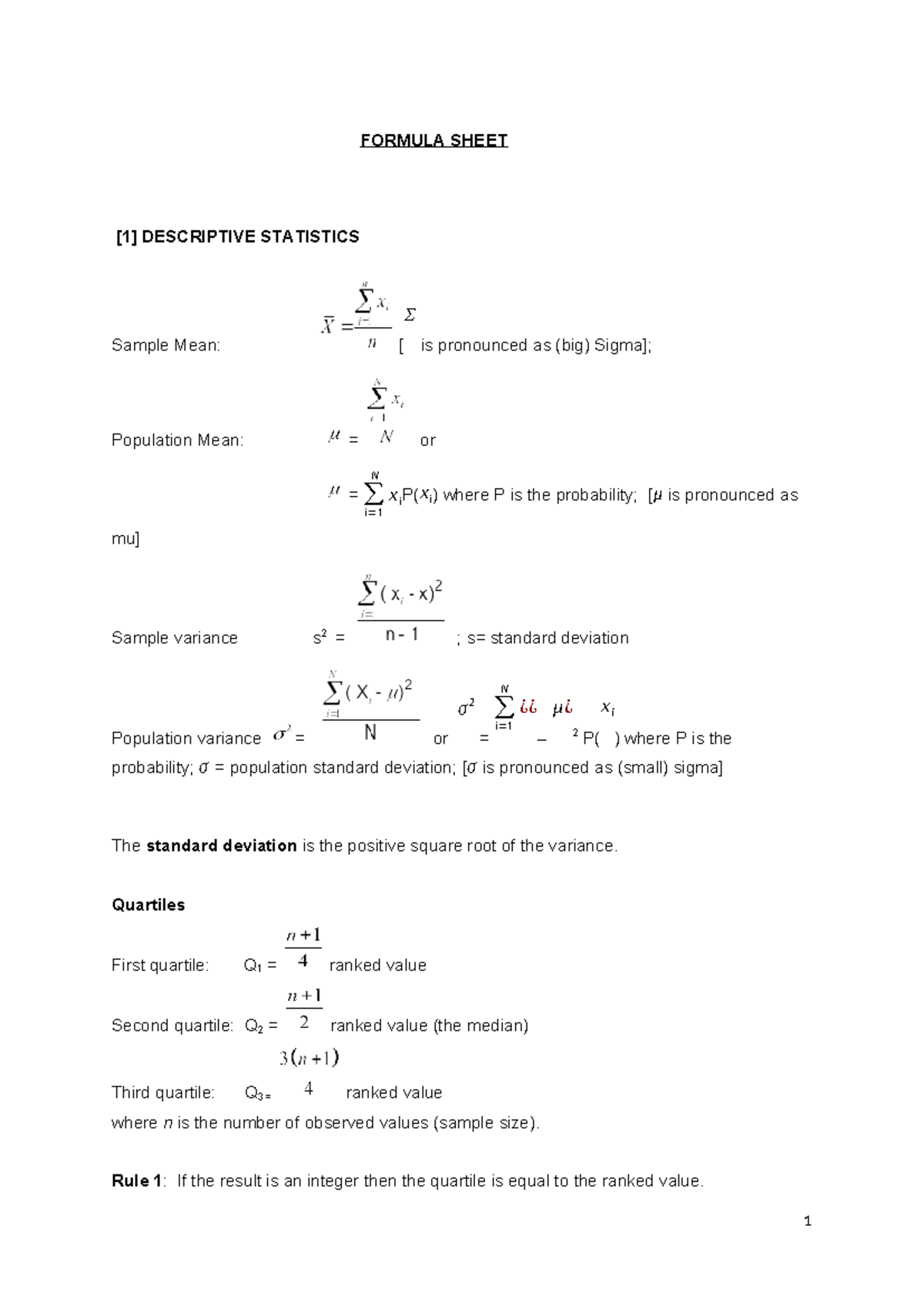Latest Formula Sheet 3 Aug 2021-3 - FORMULA SHEET [1] DESCRIPTIVE ...