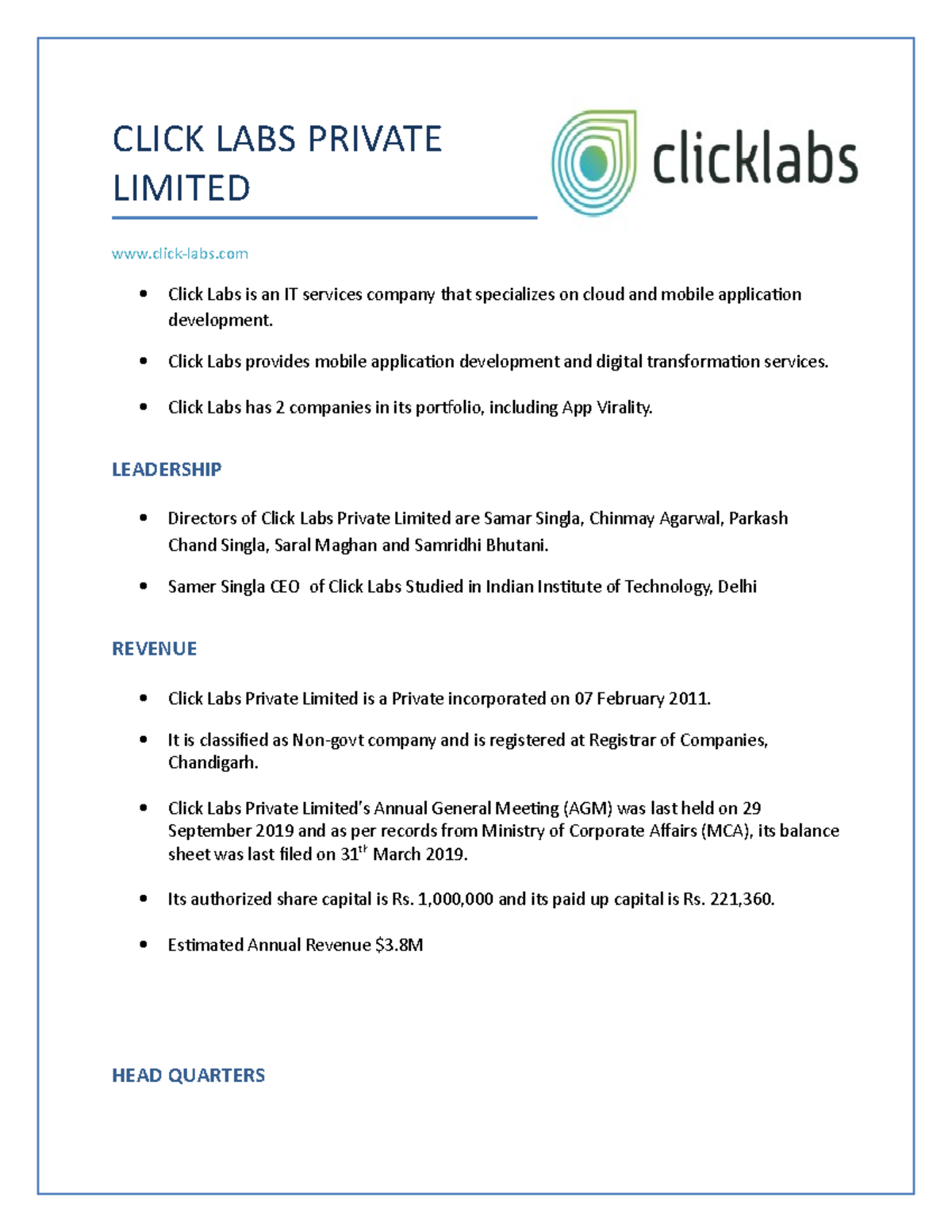 Click LABS - KYC - CLICK LABS PRIVATE LIMITED click-labs Click Labs is ...