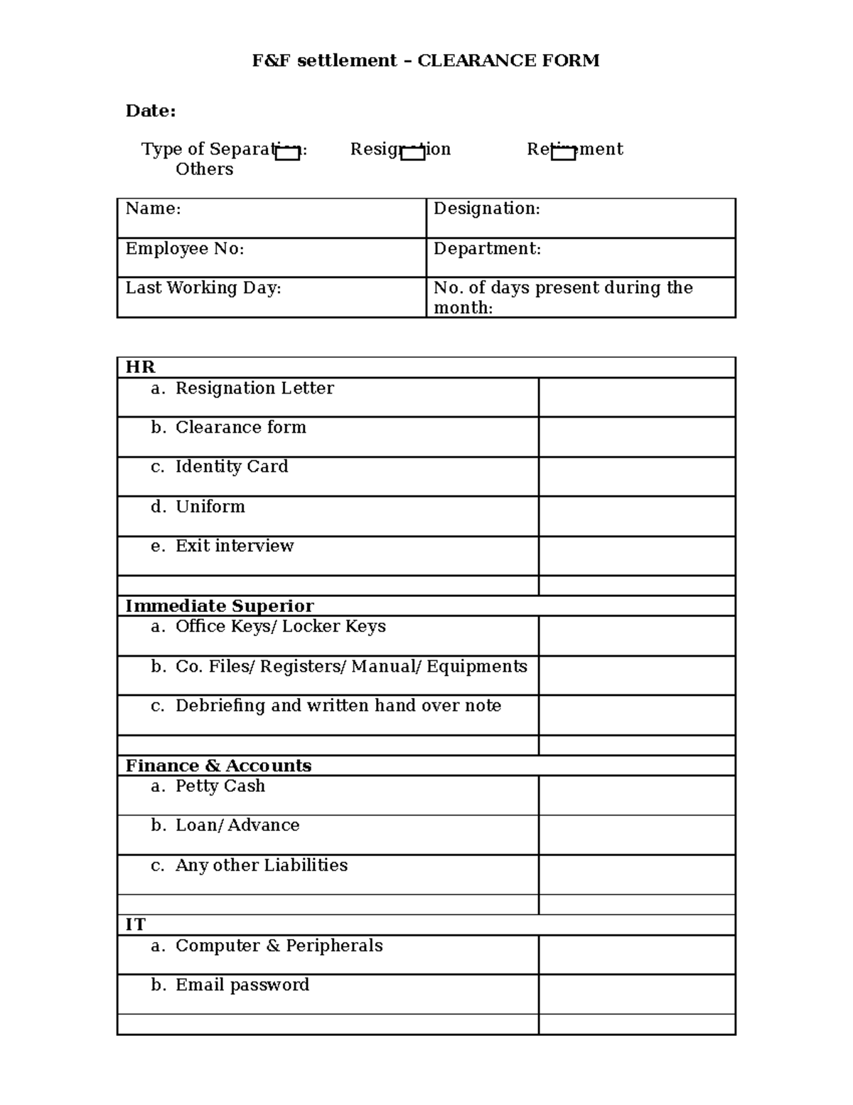 Employee Full Final Settlement Clearance Form - F&F settlement ...