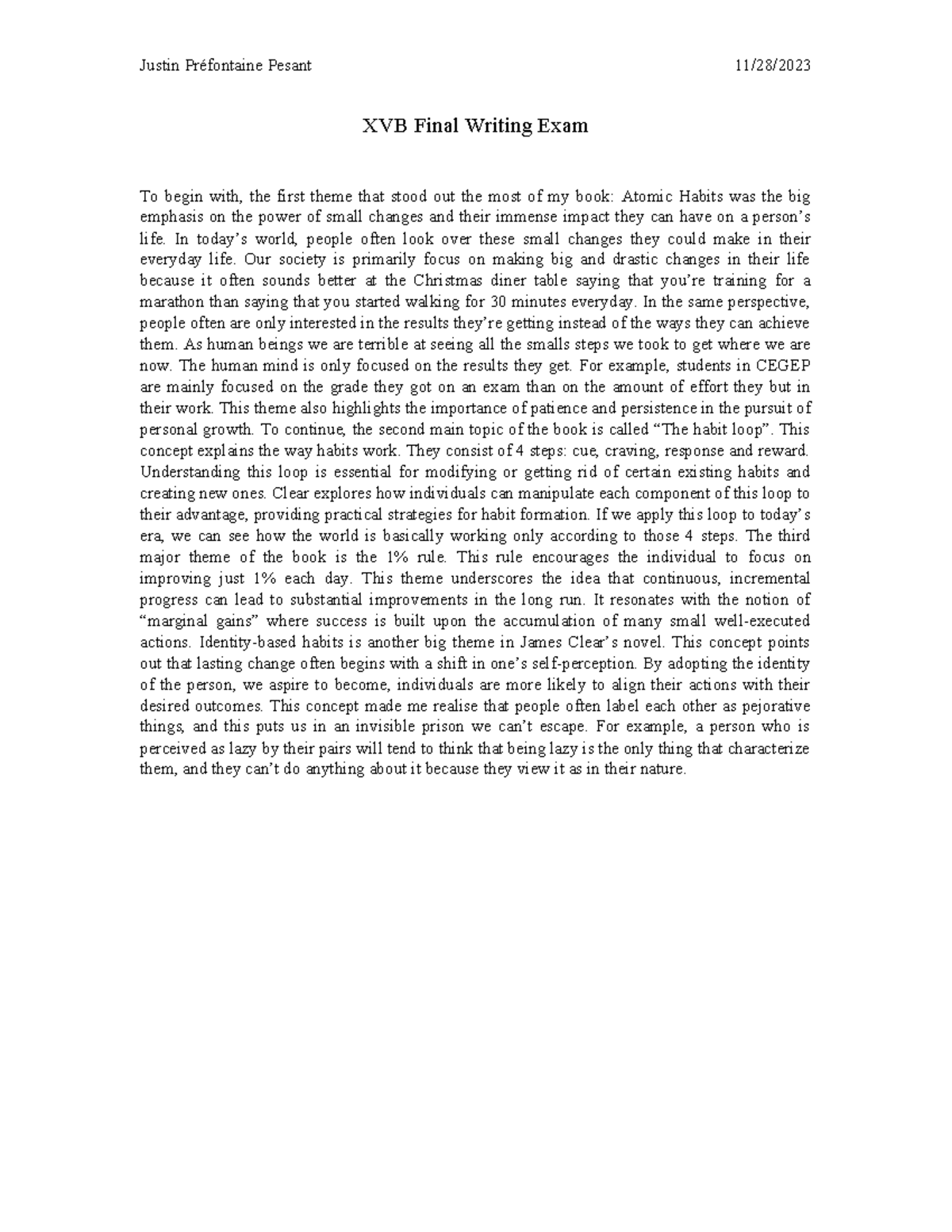 XVB Final Writing Exam - Justin Préfontaine Pesant 11/28/ XVB Final ...