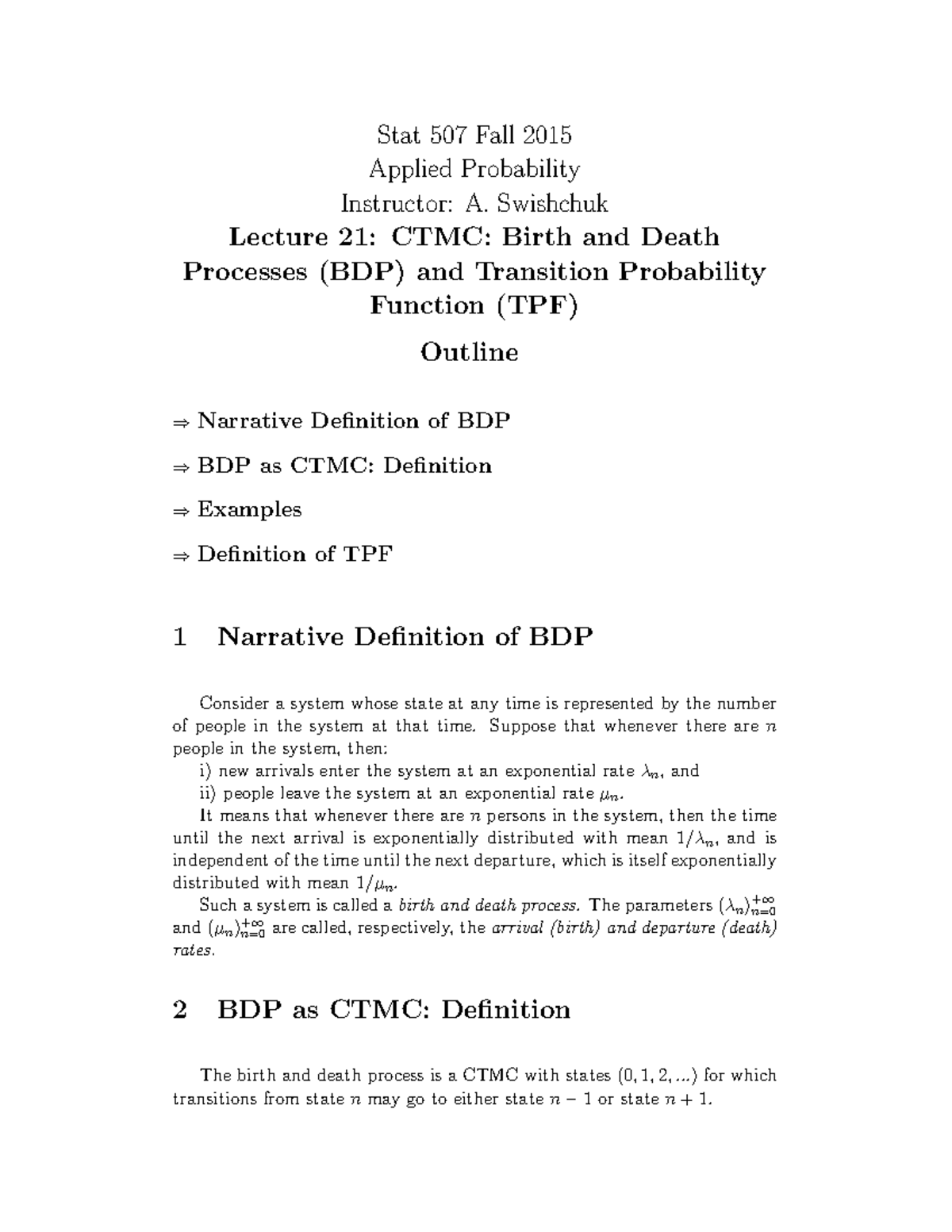 Introduction To Stochastic Processes Lecture Notes Stat507 21 25