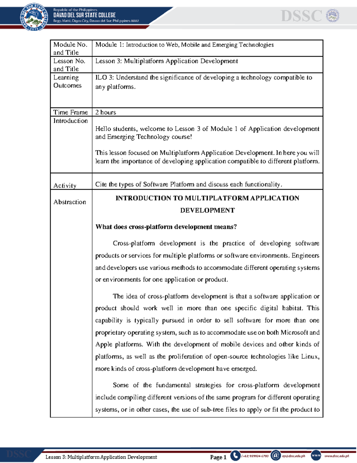 Lesson 3 Multiplatform Application Development - Module No. and Title ...