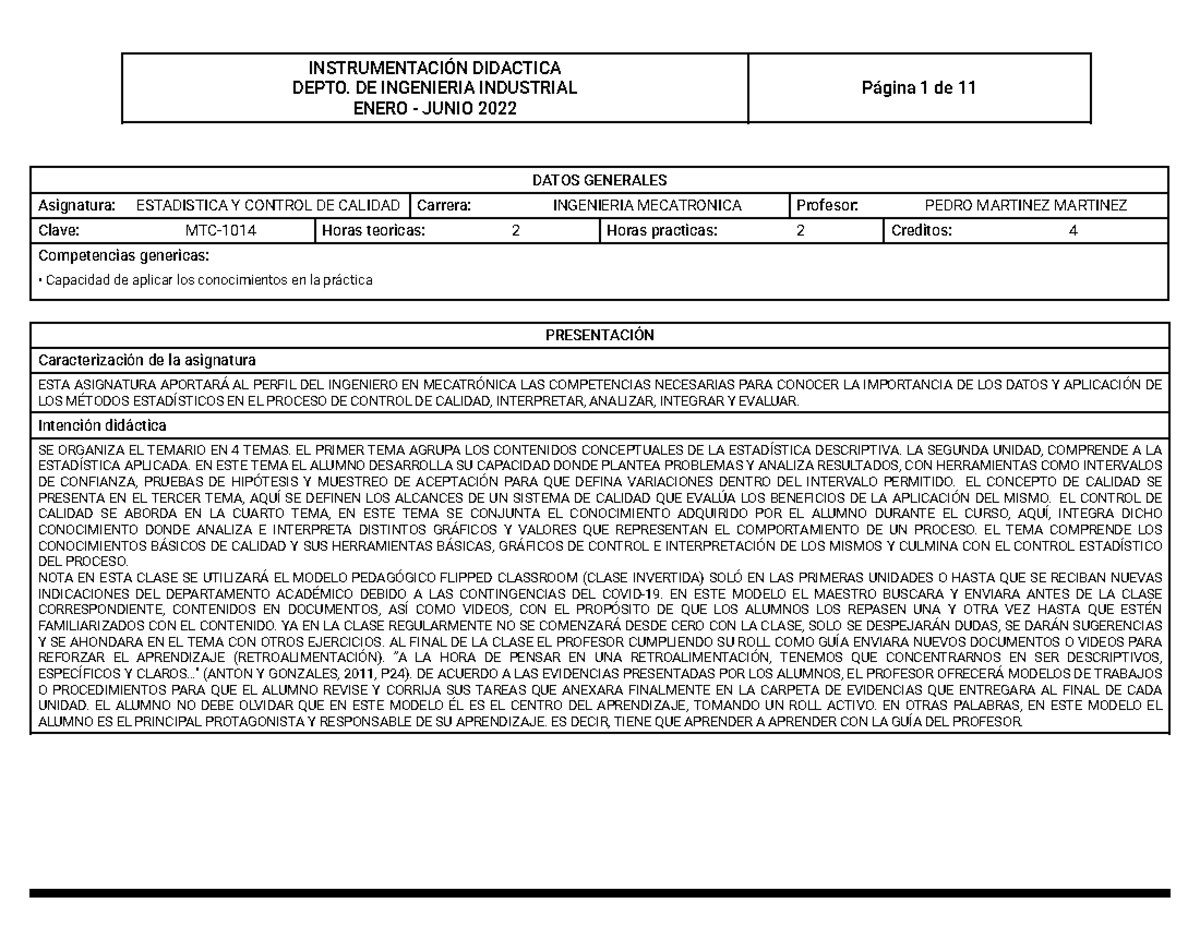 SID Estadistica y control de calidad - DATOS GENERALES Asignatura ...