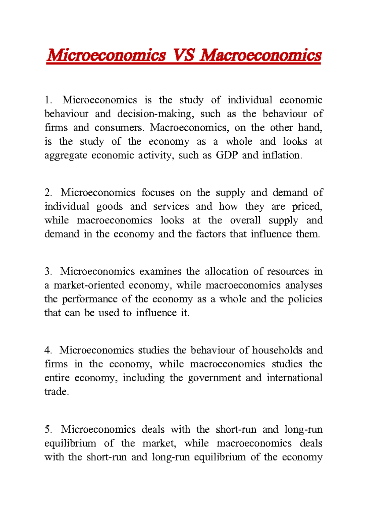 Microeconomics VS Macroeconomics - Microeconomics VS Macroeconomics ...
