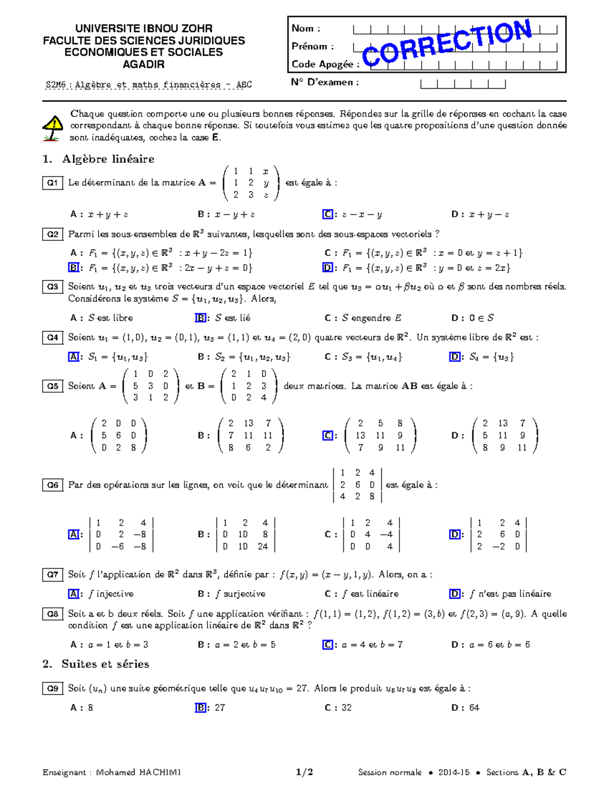 Exam S2 - session Normal - UNIVERSITE IBNOU ZOHR FACULTE DES SCIENCES ...