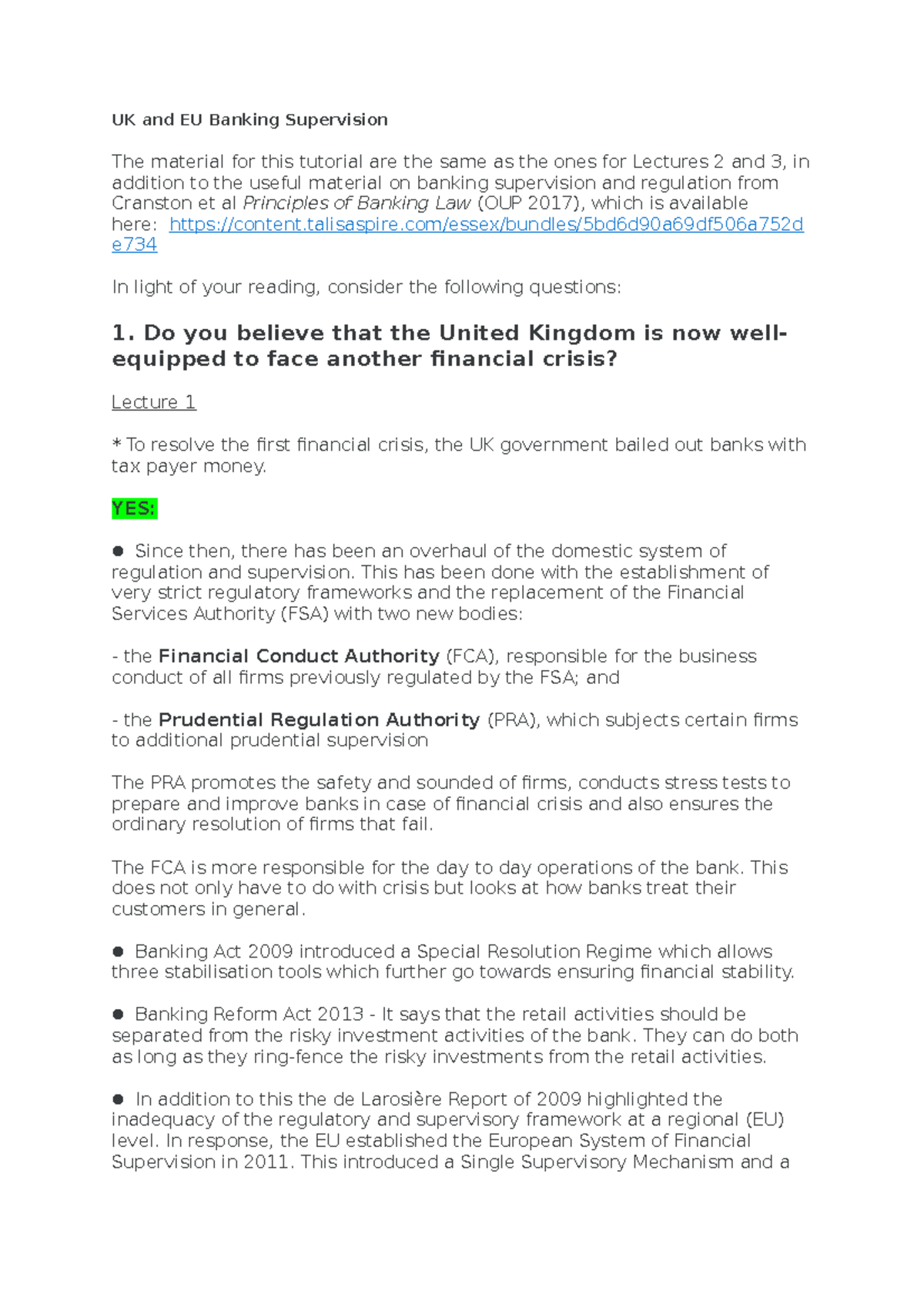 Tutorial 1 - UK and EU Banking Supervision - UK and EU Banking ...