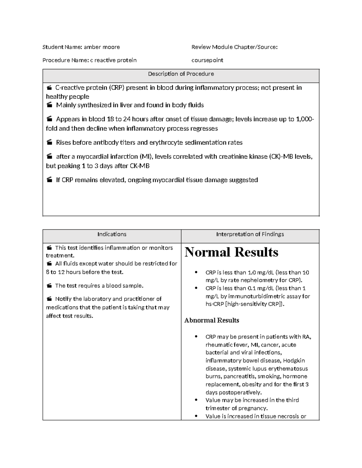 Dia pro c reactive protein - Student Name: amber moore Procedure Name ...