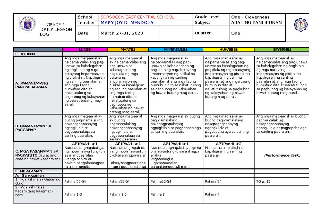 AP Third Quarter WEEK 1 - LESSON PLAN SAMPLE - GRADE 1 DAILY LESSON LOG ...