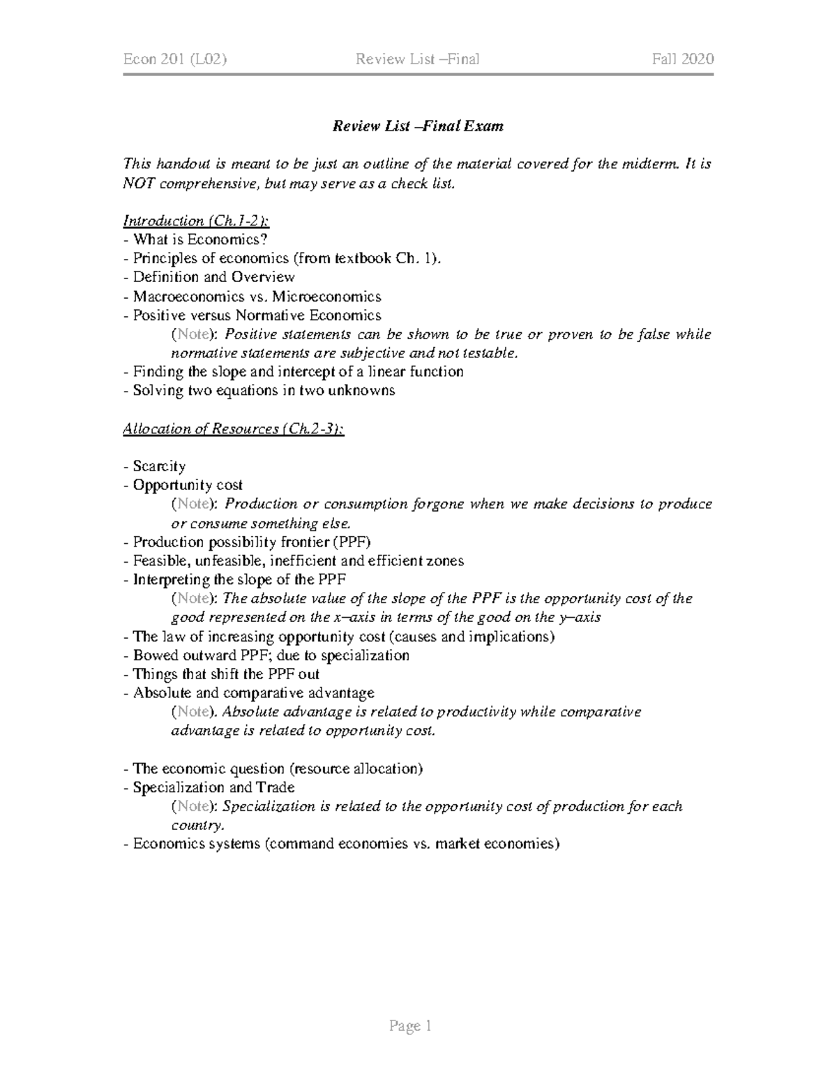 Final Review Sheet - Review List –Final Exam This handout is meant to ...