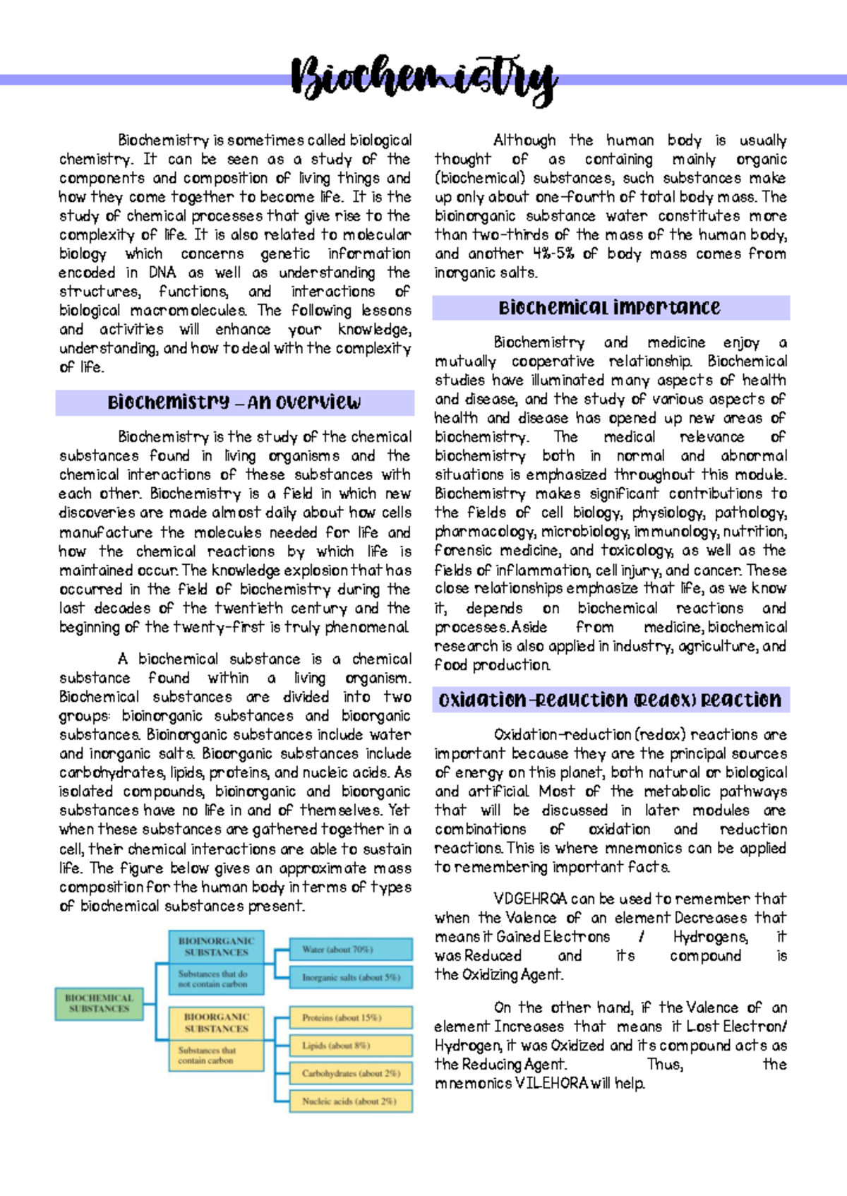 Biochemistry lec notes Module 1 3 - Biochemistry is sometimes called ...