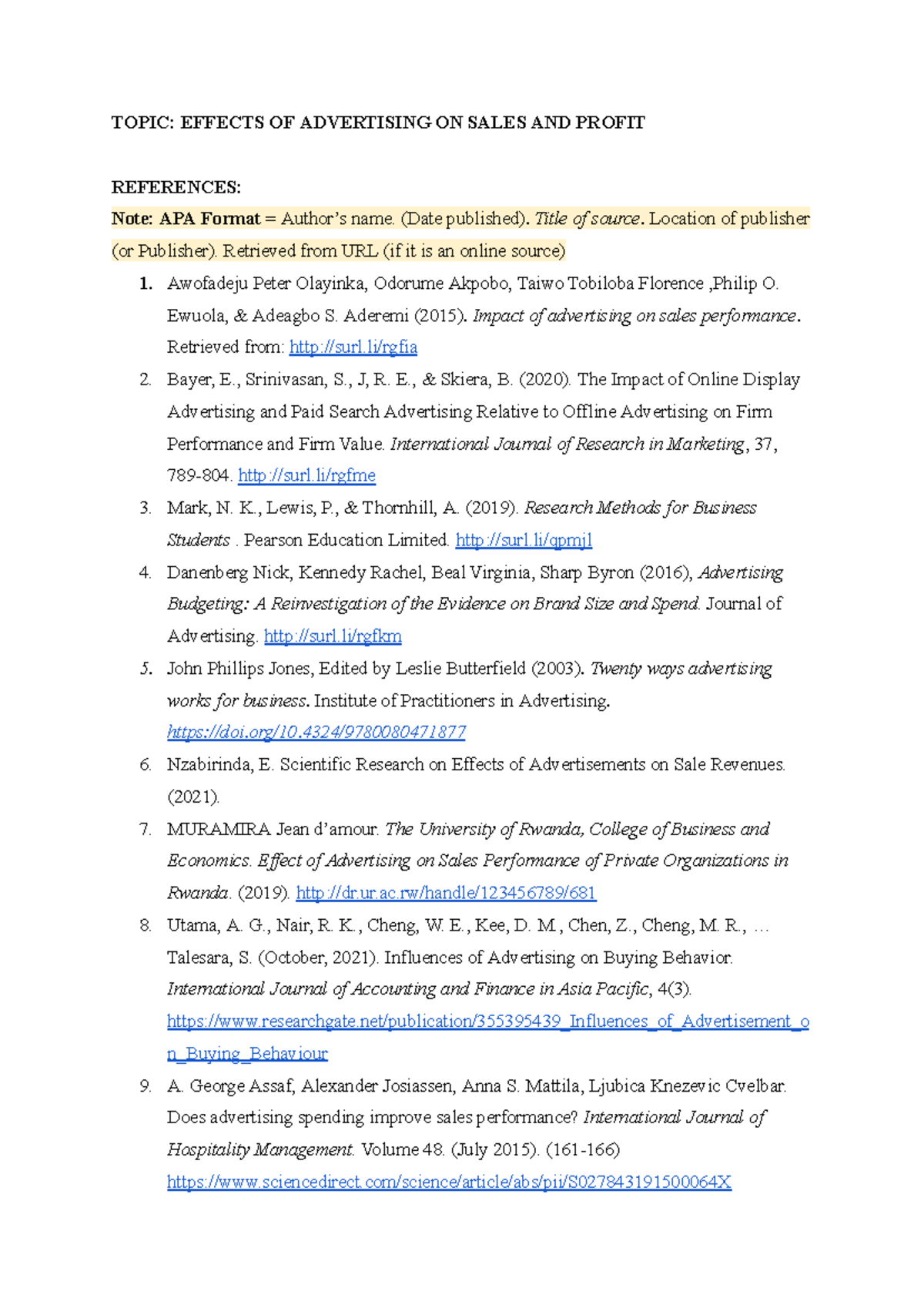 Group 6 - ref - TOPIC: EFFECTS OF ADVERTISING ON SALES AND PROFIT ...