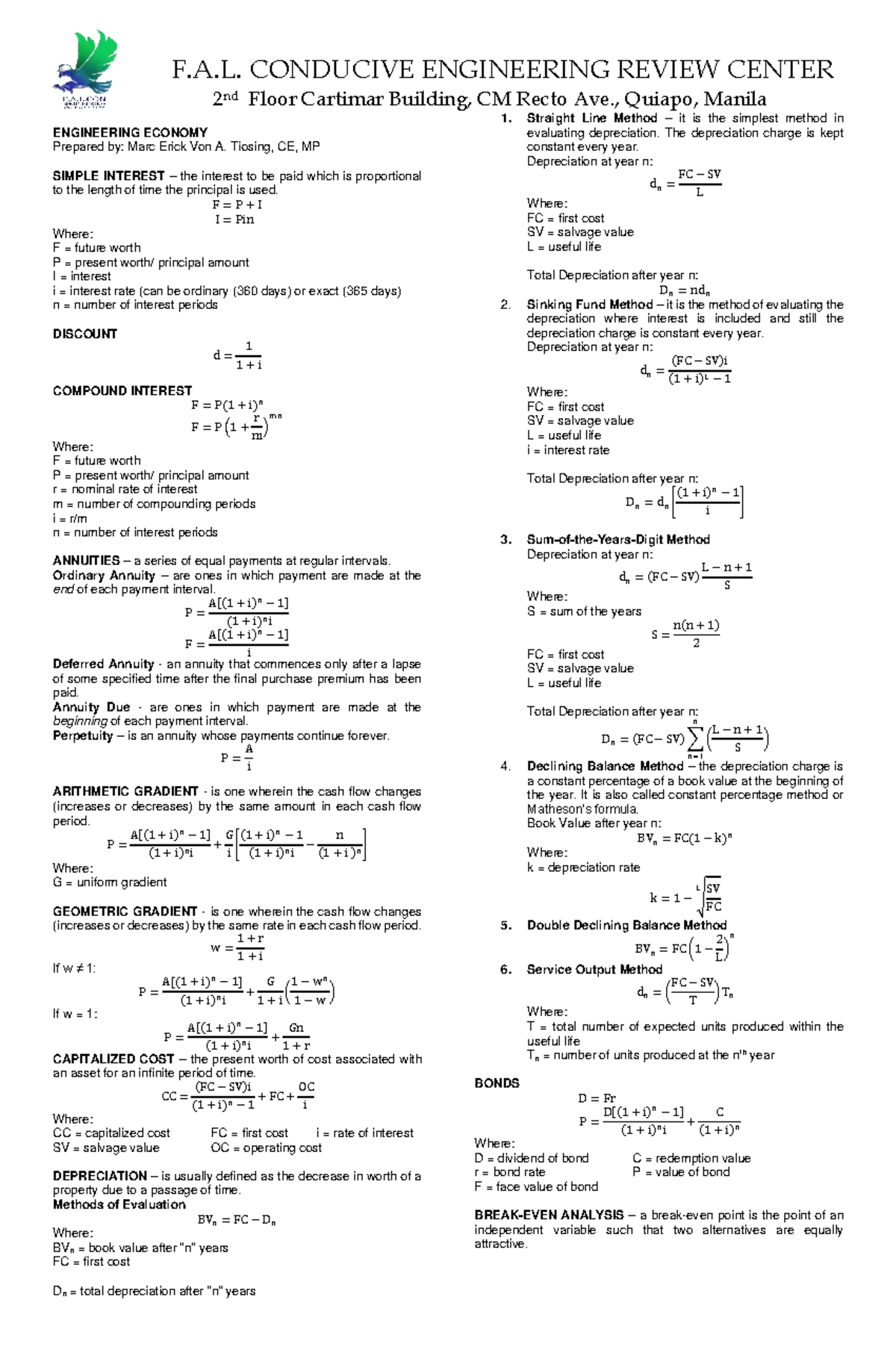 10. Engineering Economics - F.A. CONDUCIVE ENGINEERING REVIEW CENTER 2 ...