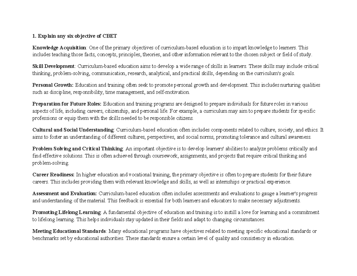 Ann CBET - 1. Explain any six objective of CBET Knowledge Acquisition ...