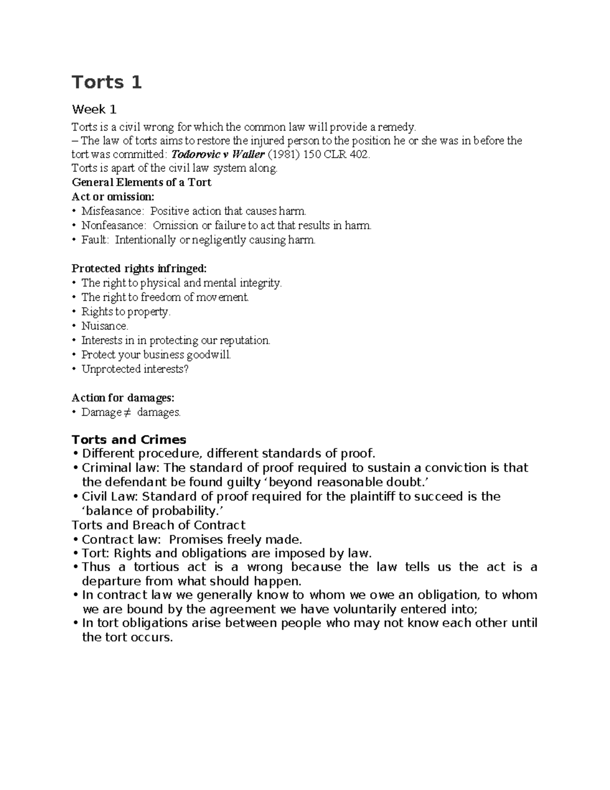 Torts 1 notes - Torts 1 Week 1 Torts is a civil wrong for which the ...