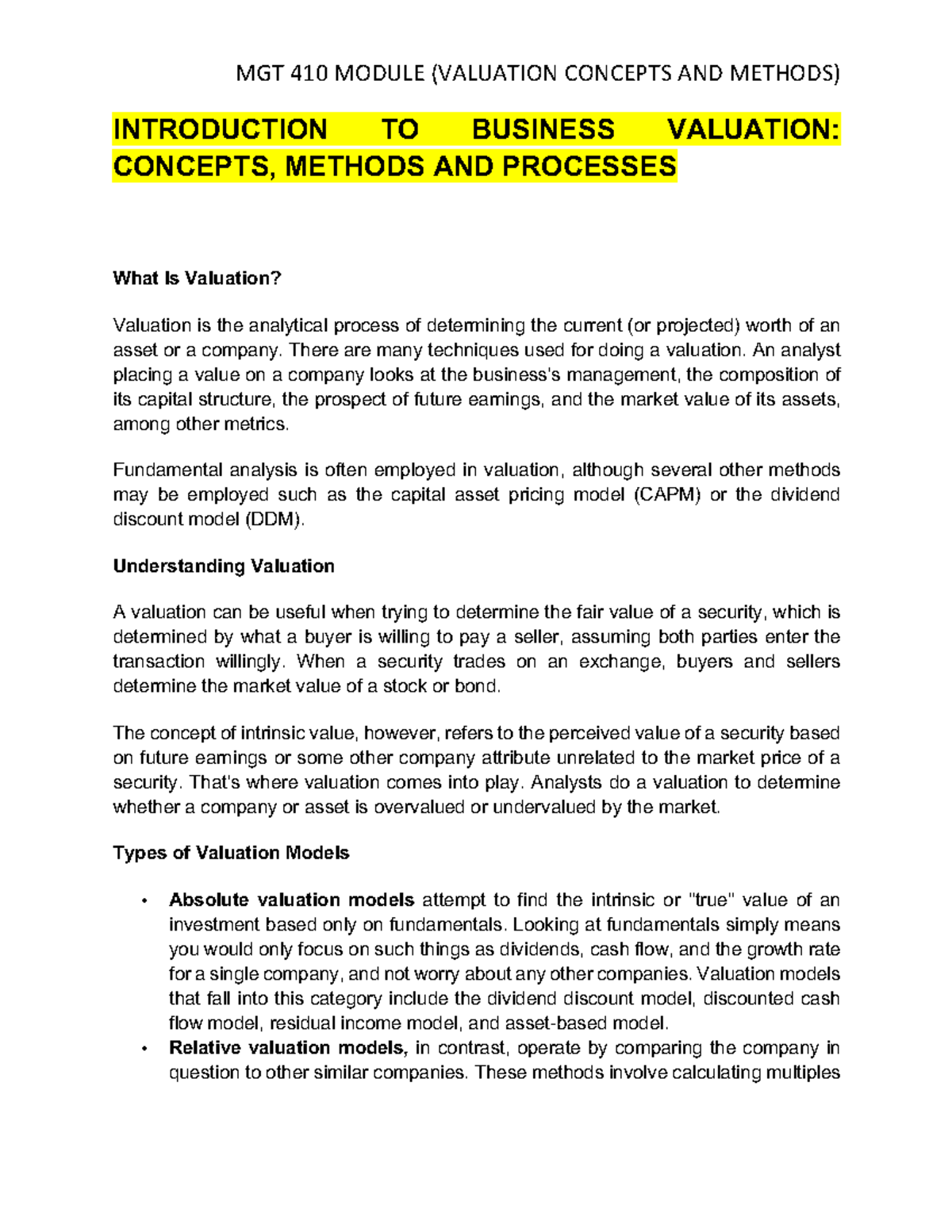 MGT 410 Valuation Concepts AND Methods Module - INTRODUCTION TO BUSINESS VALUATION: CONCEPTS ...