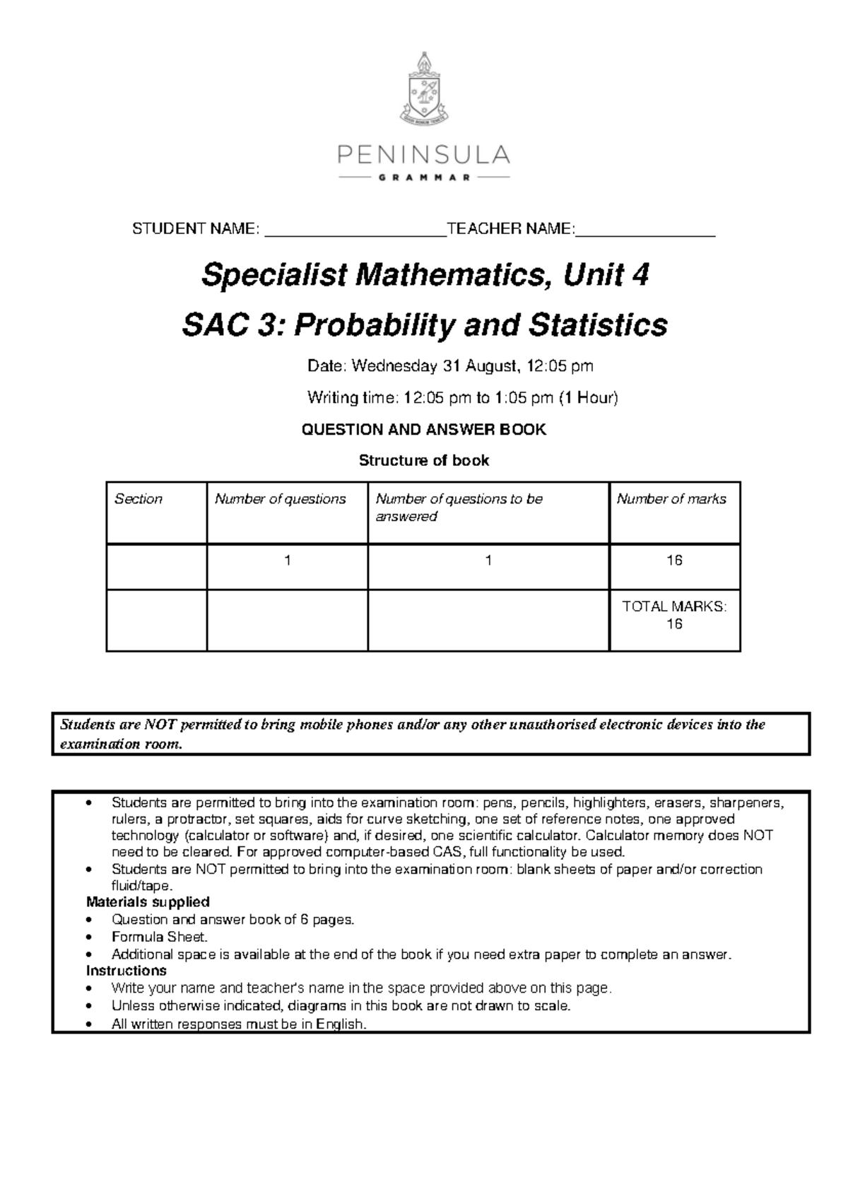 2022 12SM SAC 3 part 2 - STUDENT NAME: _____TEACHER NAME: Specialist ...