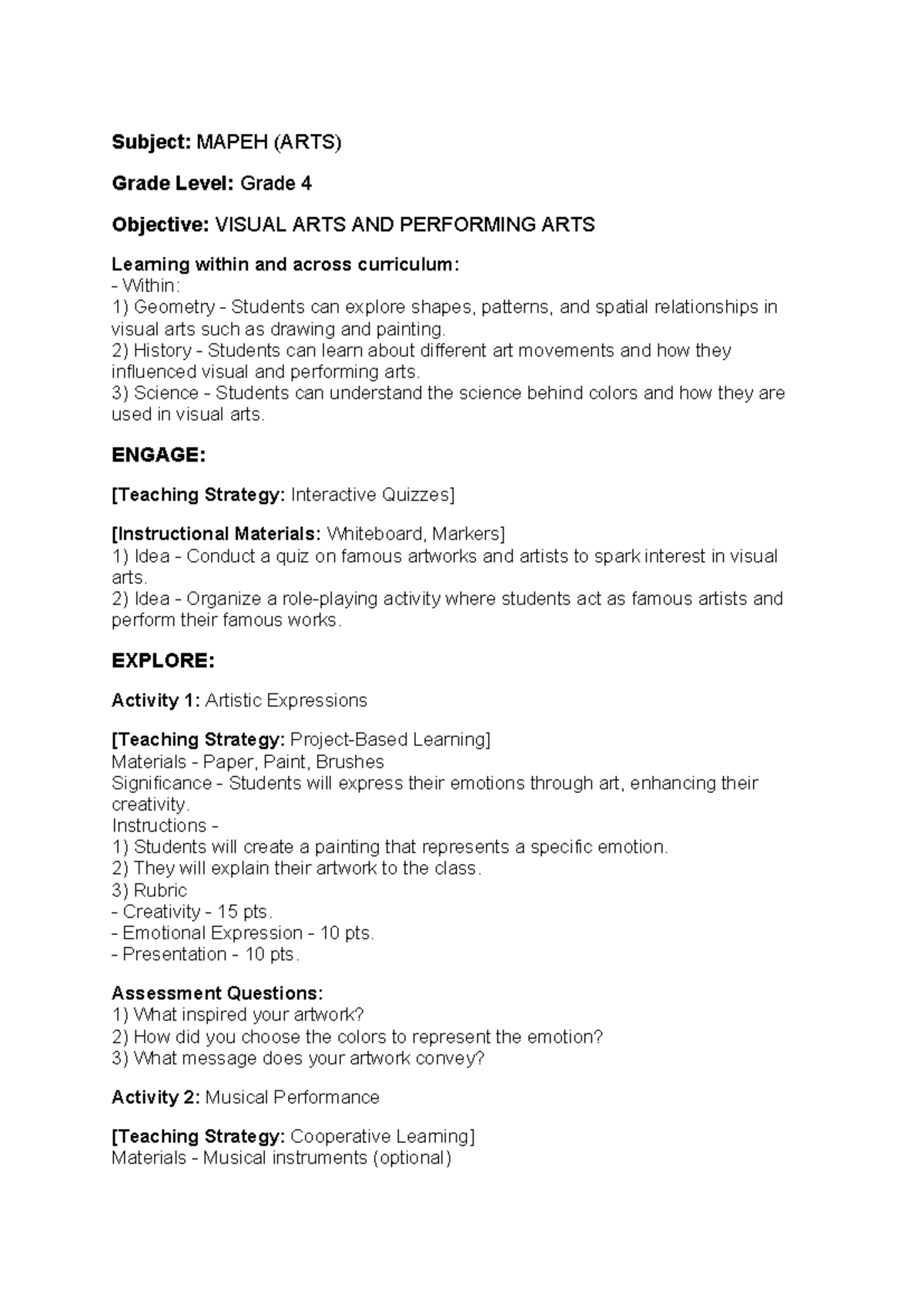 ARTS 1 - Lesson plan - Subject: MAPEH (ARTS) Grade Level: Grade 4 ...