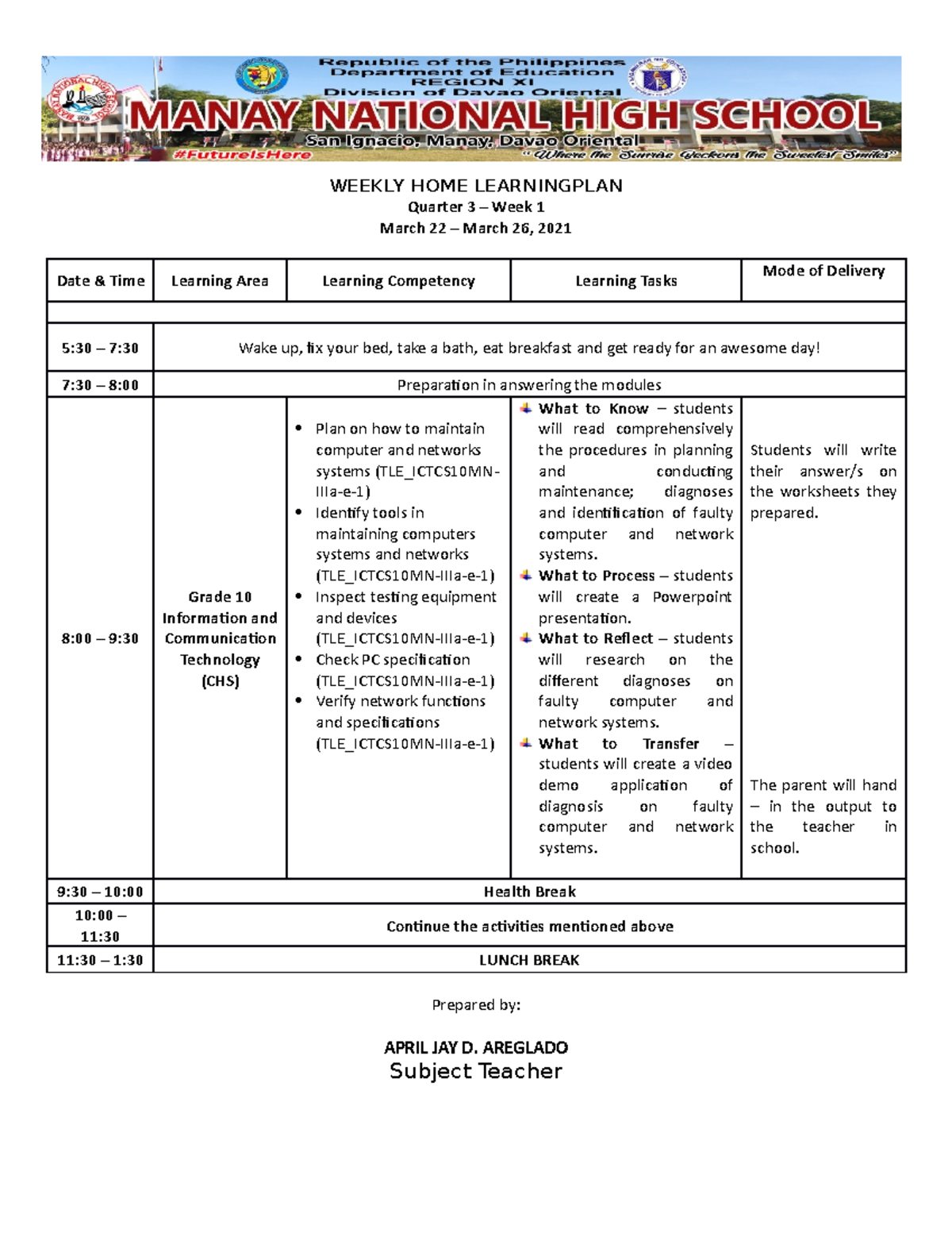 Weekly HOME Learning PLAN ICT10 - WEEKLY HOME LEARNINGPLAN Quarter 3 ...