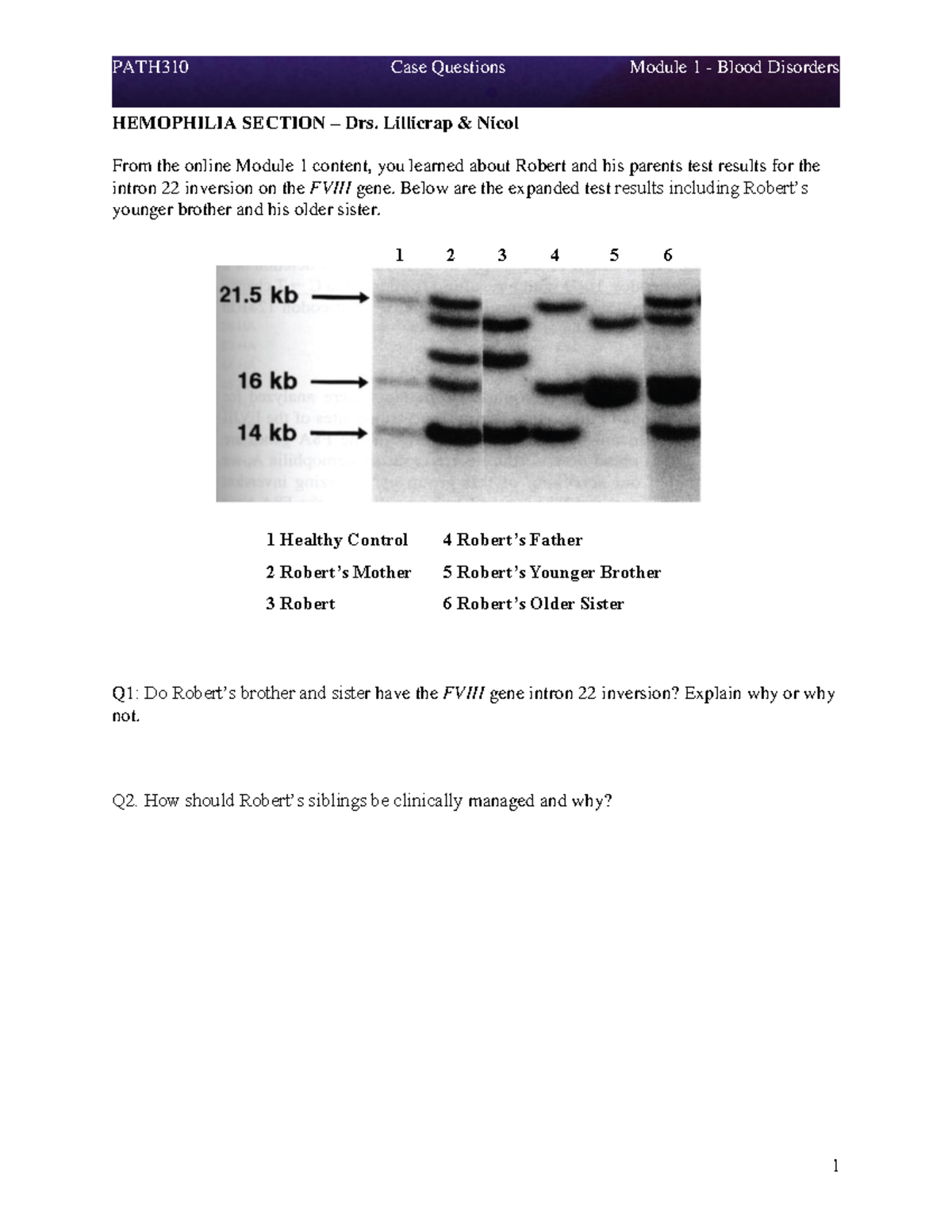 PATH310-Mod 1-Comp Case Qs-F20 - PATH310 Case Questions Module 1 - Blood Disorders 1 HEMOPHILIA ...