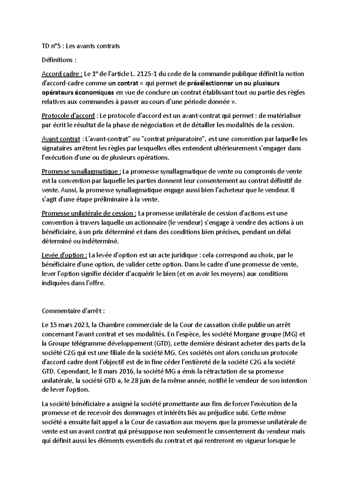 Td 5 civil - contrats cas pratique - TD n°5 : Les avants contrats Définitions : Accord cadre ...