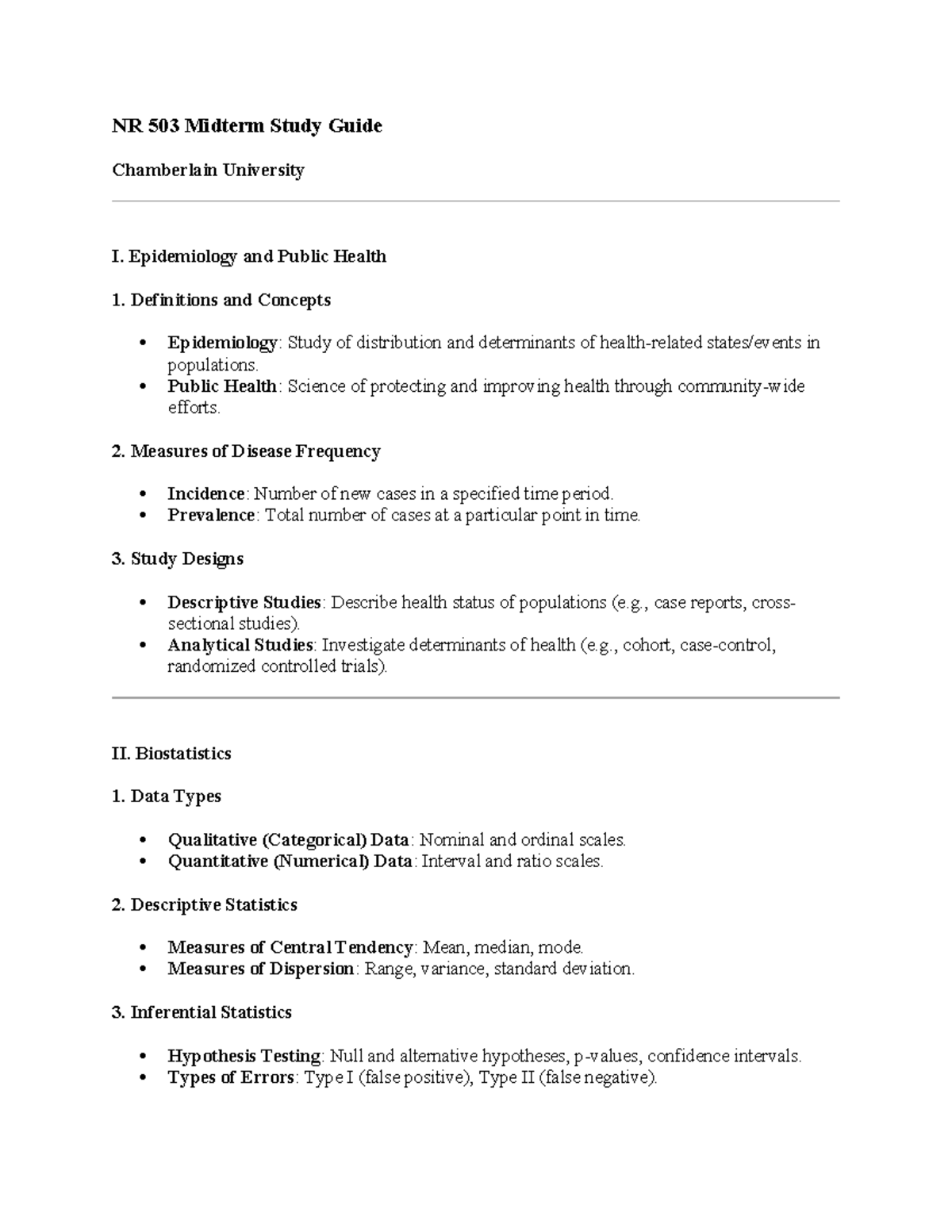 NR 503 Midterm Study Guide - NR 503 Midterm Study Guide Chamberlain University I. Epidemiology ...