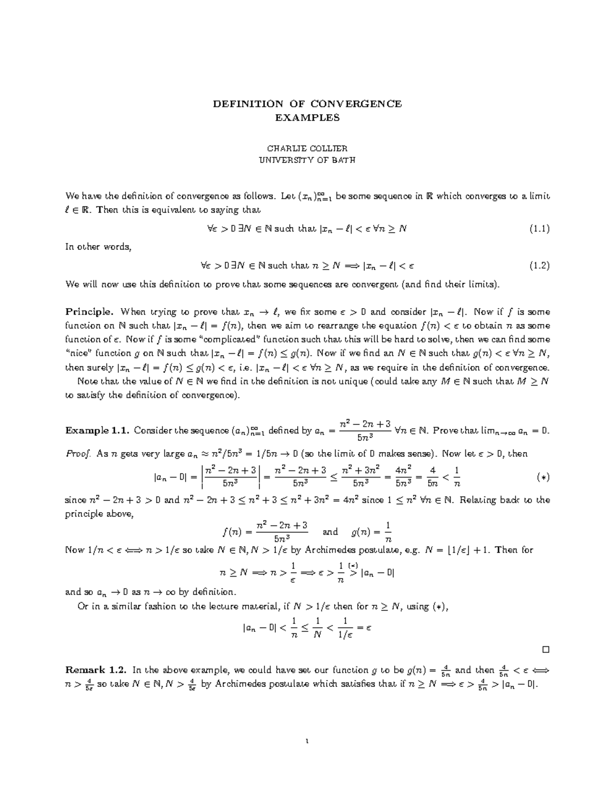MA10207 2017-2018 Definition OF Convergence - Examples - DEFINITION OF ...